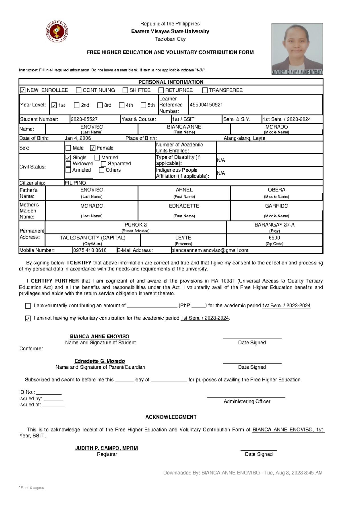 Free Education Form for 2023-05527 SEM 1 SY 2023-2024 - Republic of the ...