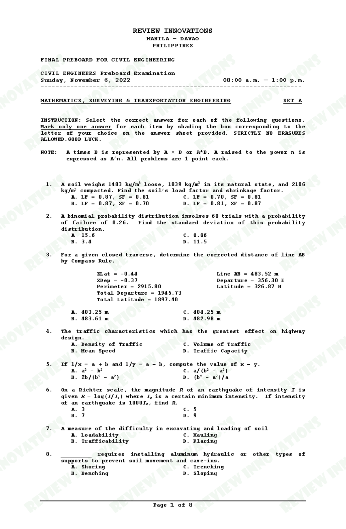 2022 nov final preboard math-1 - REVIEW INNOVATIONS MANILA – DAVAO PHILIPPINES FINAL PREBOARD ...