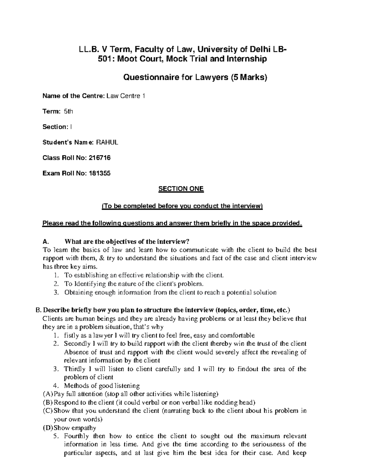 Rahul questionnaire proforma final - LL. V Term, Faculty of Law ...