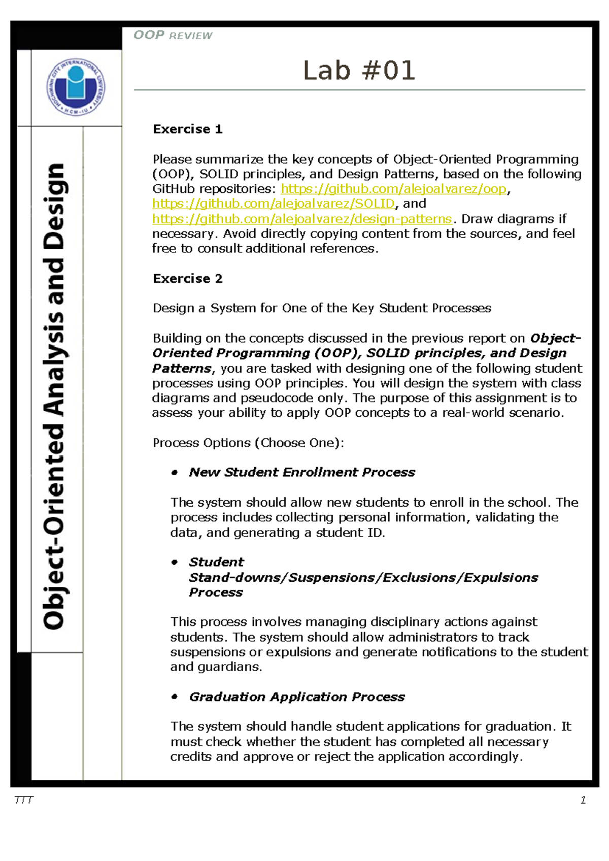 Ooad Lab Assig 01 Summary Ddfc Oop Review Lab Exercise 1 Please Summarize The Key Concepts