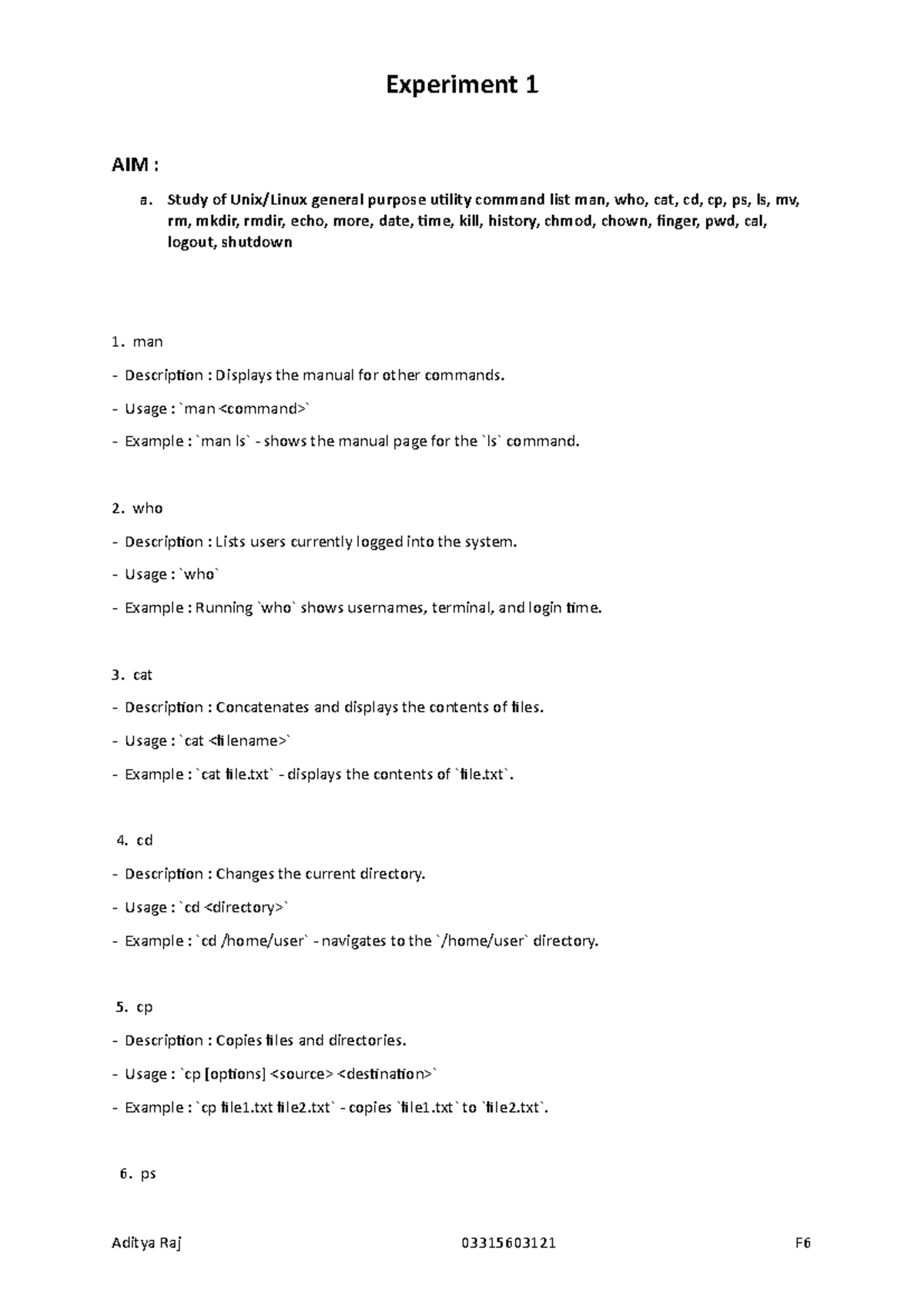 Linux file - QWERTYUIOLP; - Experiment 1 AIM : a. Study of Unix/Linux general purpose utility ...