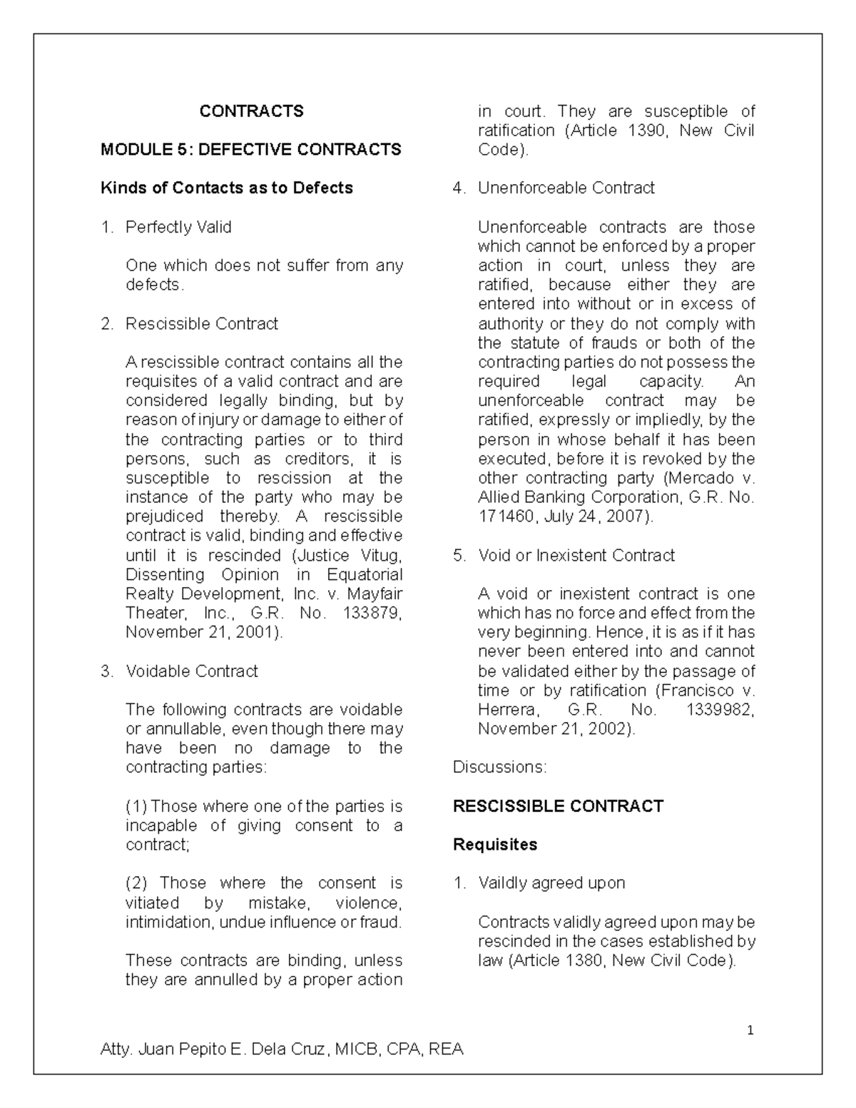Module 5 Defective Contracts - 1 CONTRACTS MODULE 5 : DEFECTIVE CONTRACTS Kinds of Contacts as ...