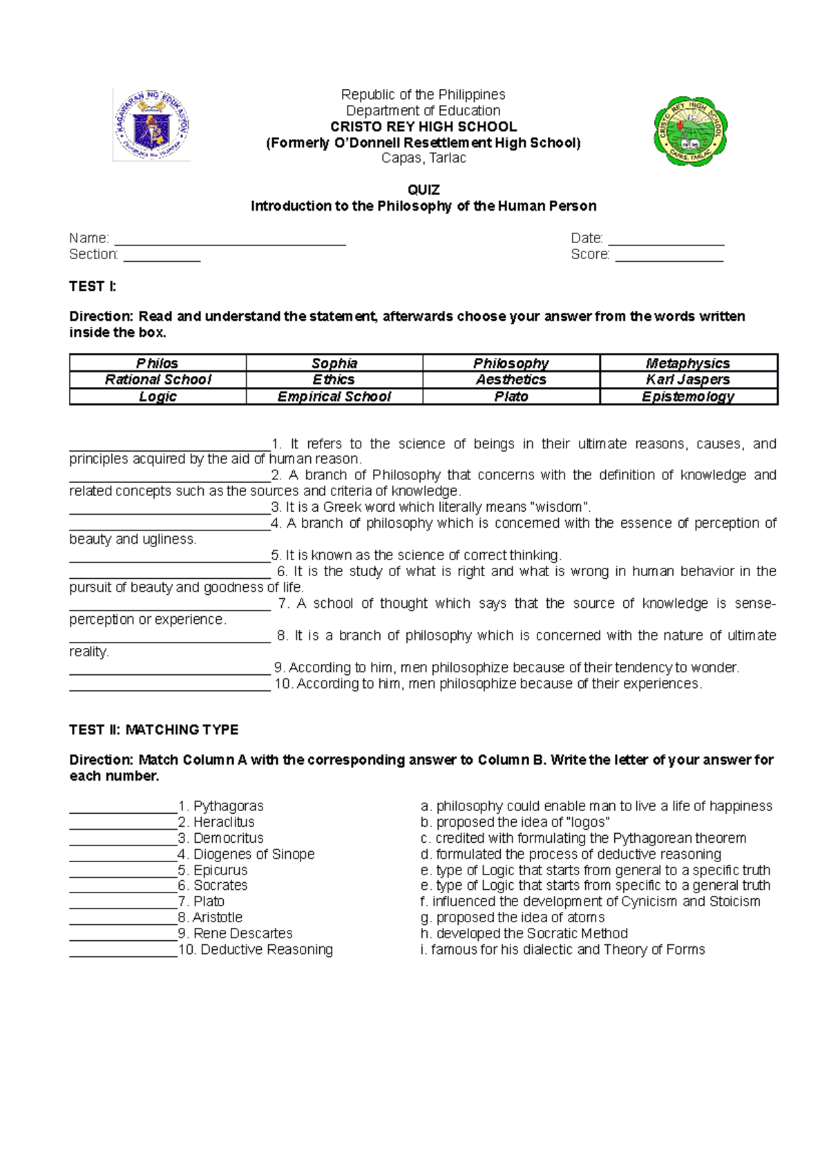 Quiz 1 Philosophy - Republic of the Philippines Department of Education ...