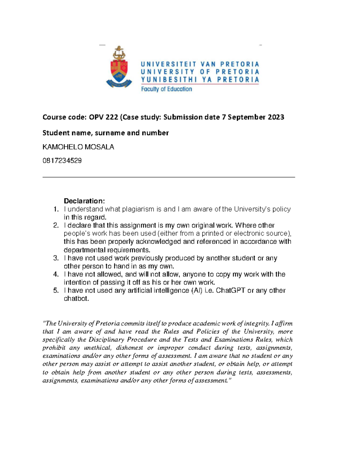 OPV 222 CASE Study - Course code: OPV 222 (Case study: Submission date ...