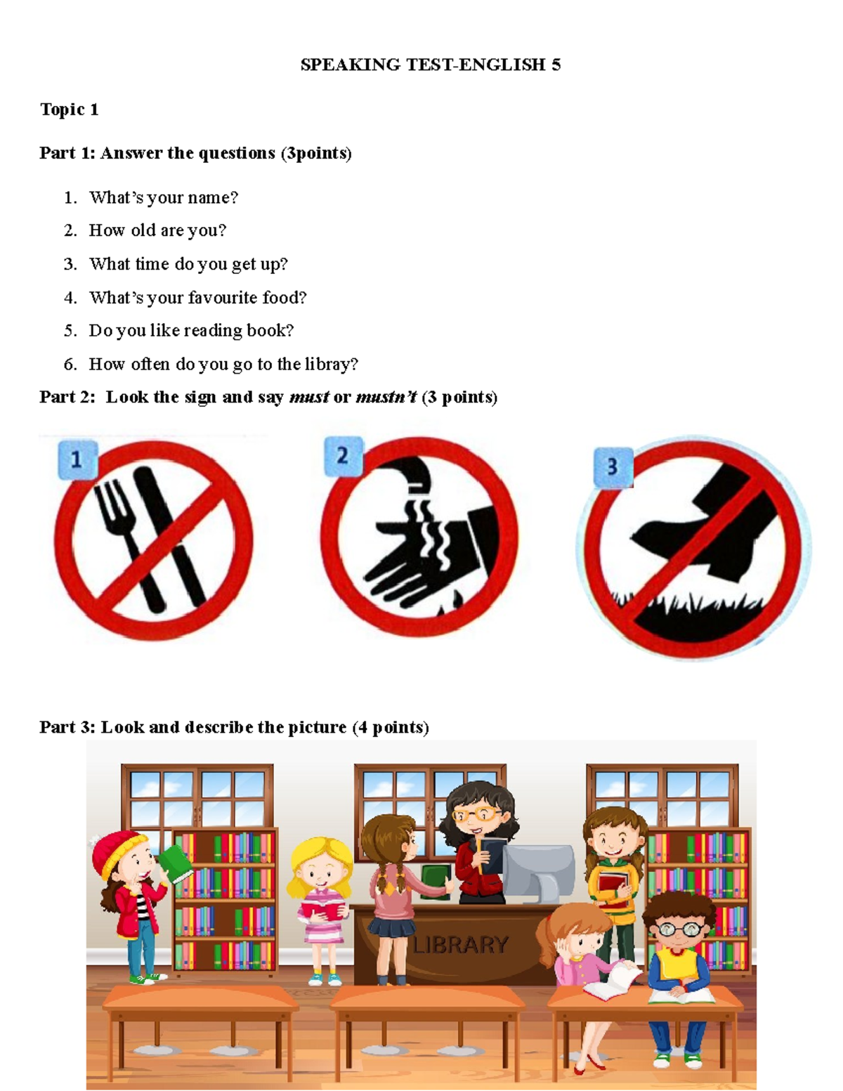 Grade 4 Speaking Test II - SPEAKING TEST-ENGLISH 5 Topic 1 Part 1 ...