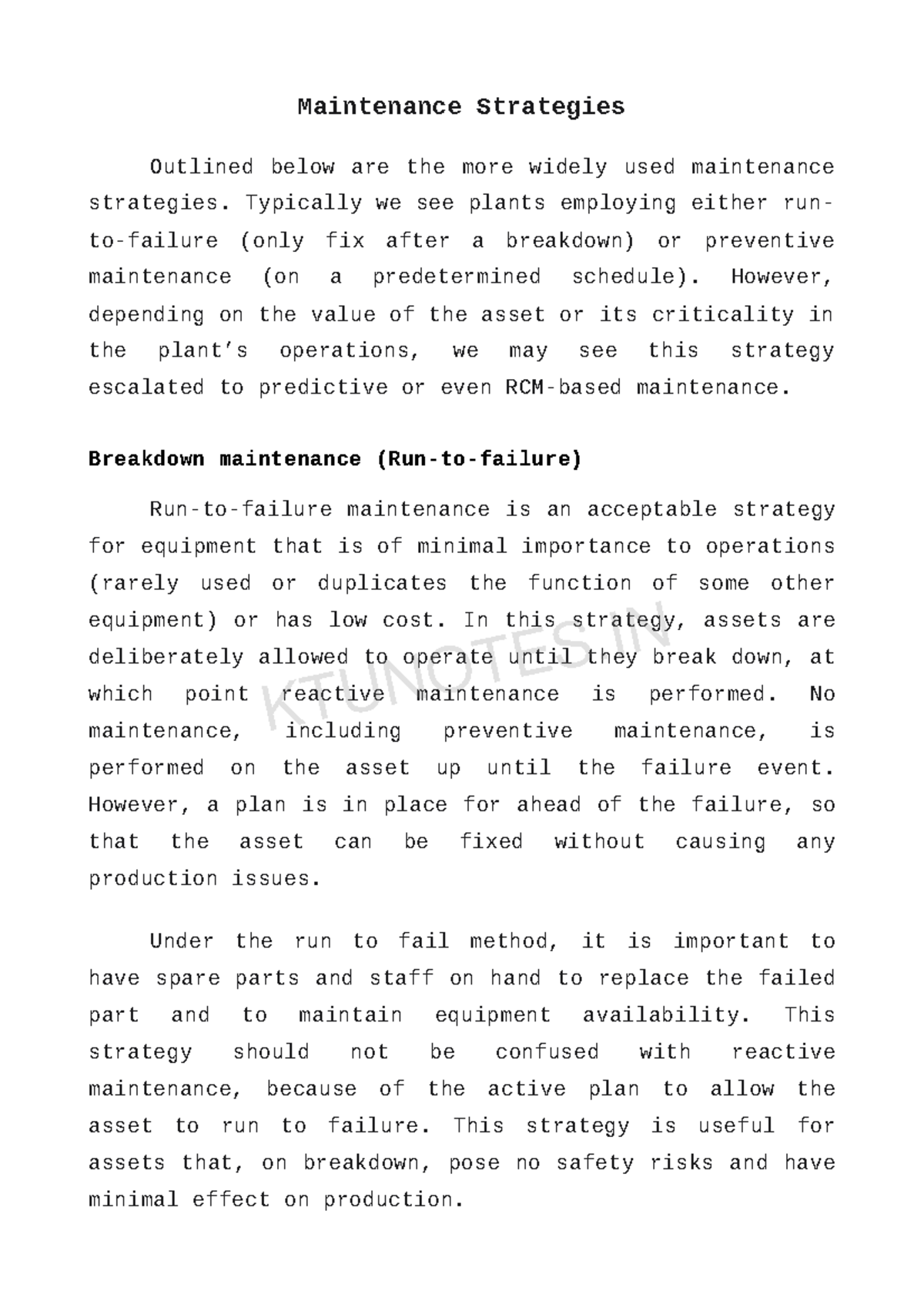 Maintenance Strategied - Maintenance Strategies Outlined below are the ...
