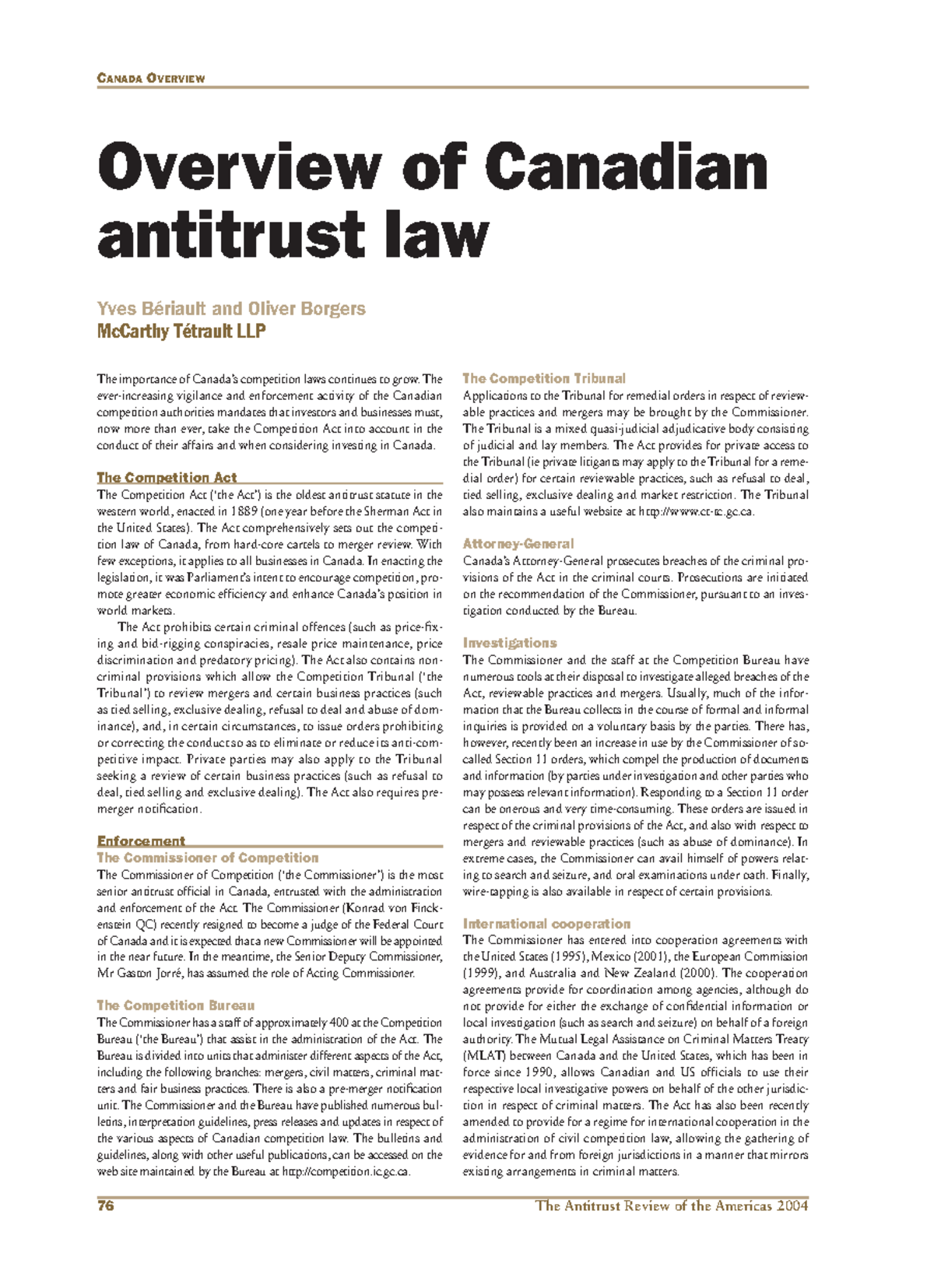 Canadian Antitrust Overview - Competition Act - The importance of ...