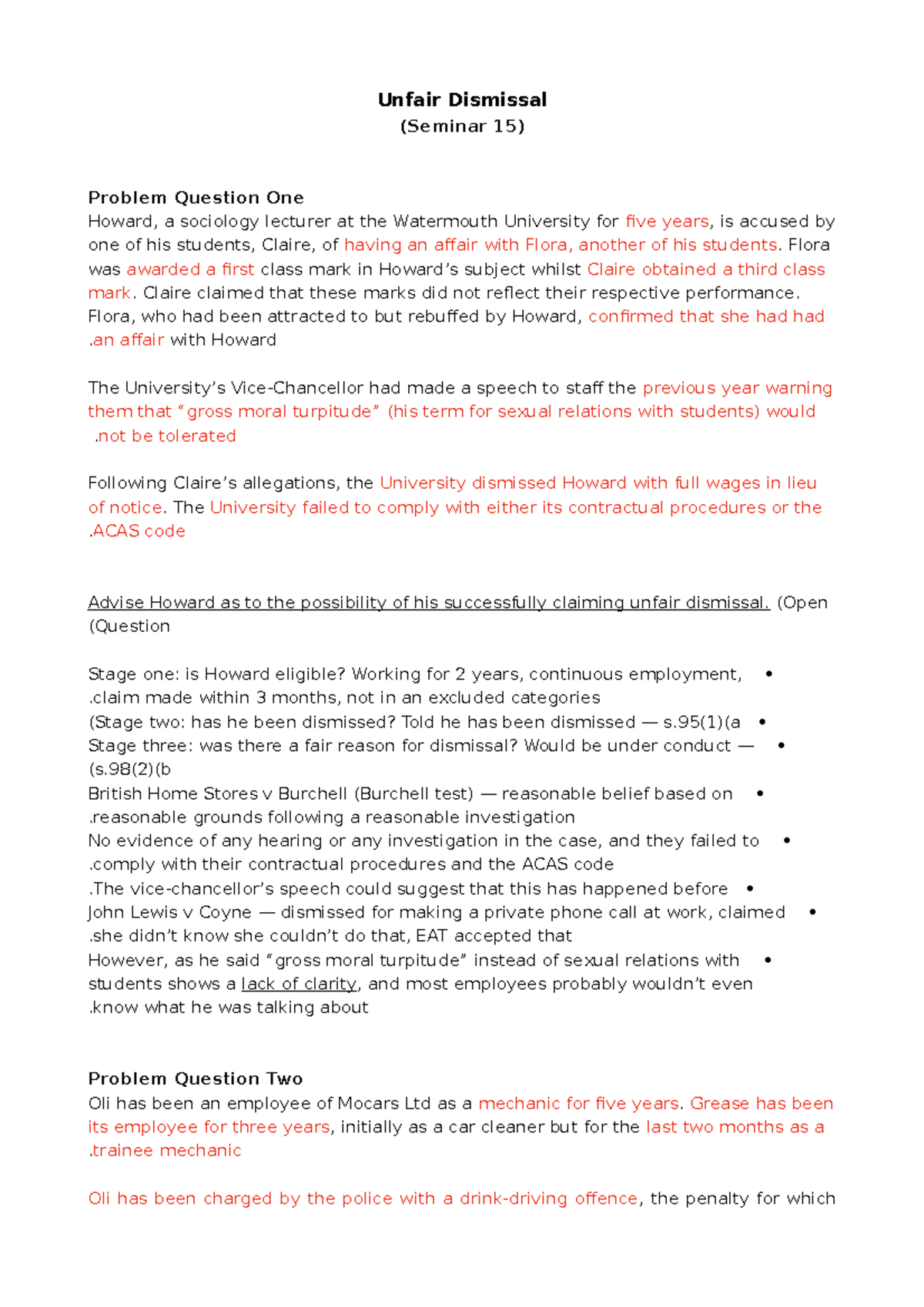 (S15) Unfair Dismissal - Unfair Dismissal (Seminar 15) Problem Question ...