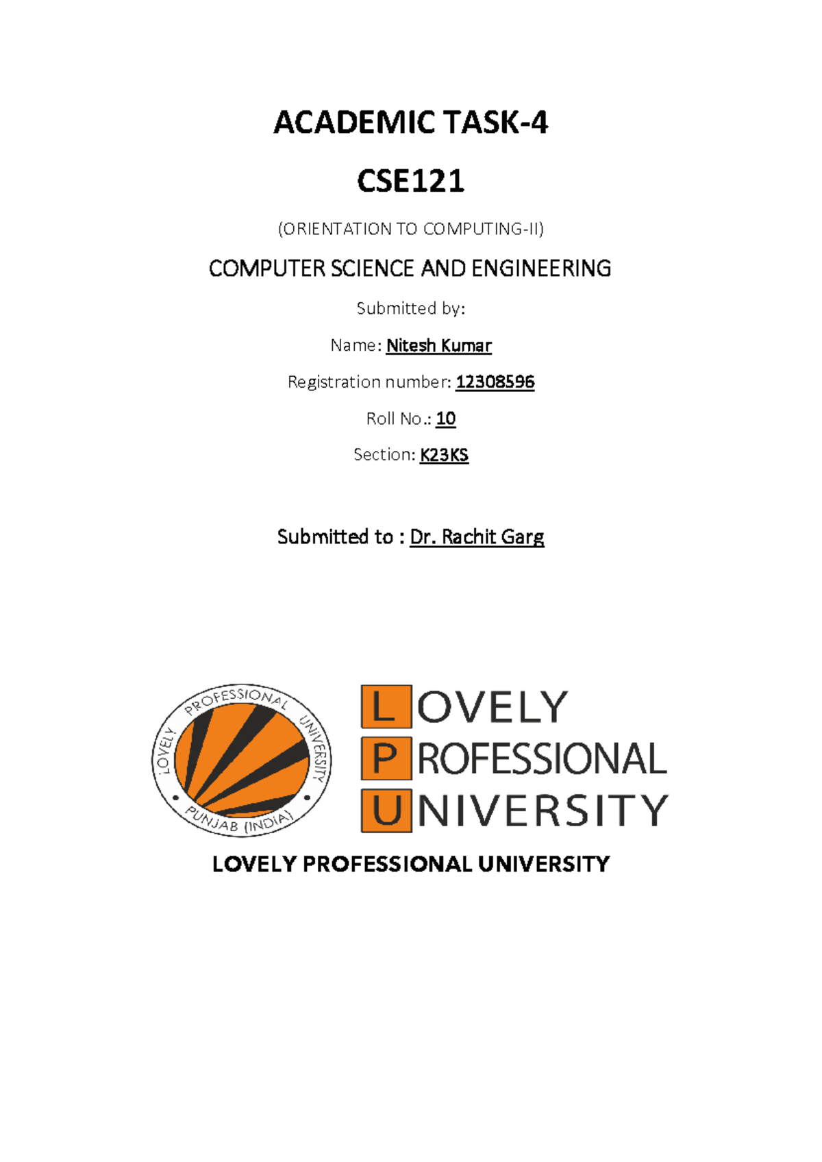 Nitesh Ca4 Cse121 Academic Task 4 Cse Orientation To Computing Ii Computer Science And