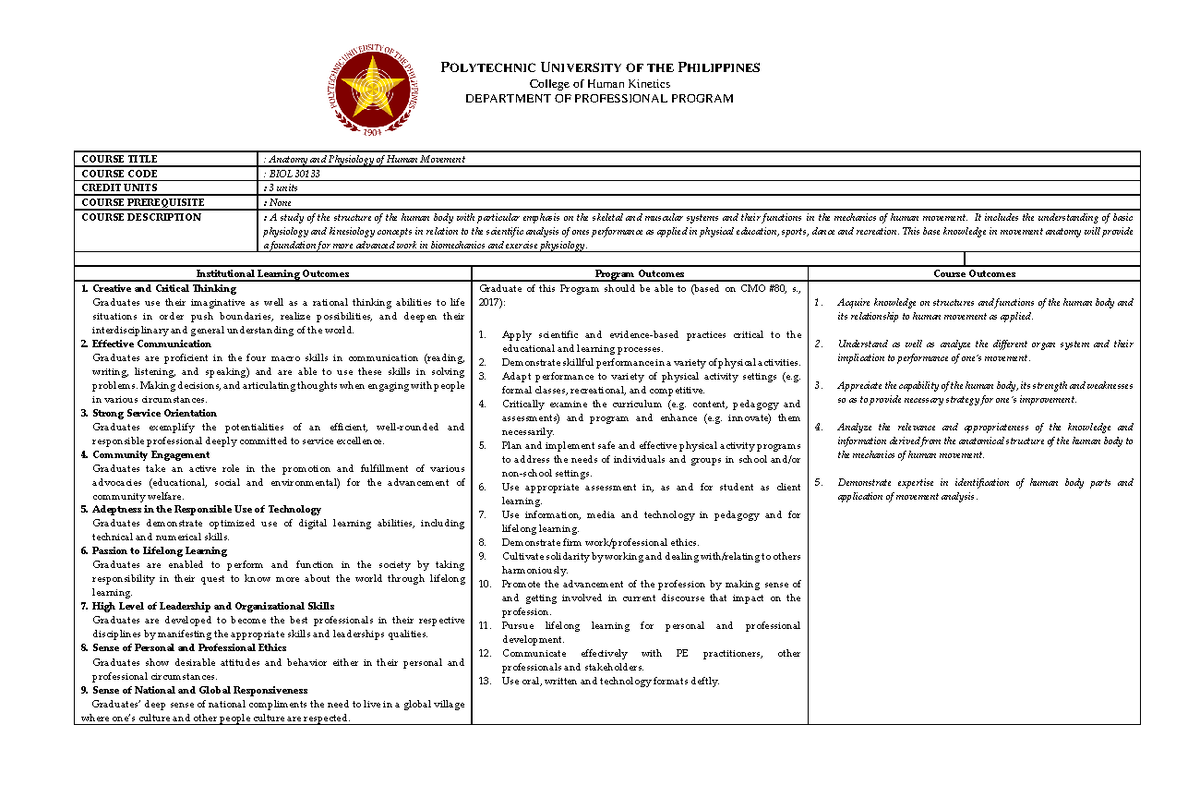 Anatomy And Physiology Syllabus V POLYTECHNIC UNIVERSITY OF THE 