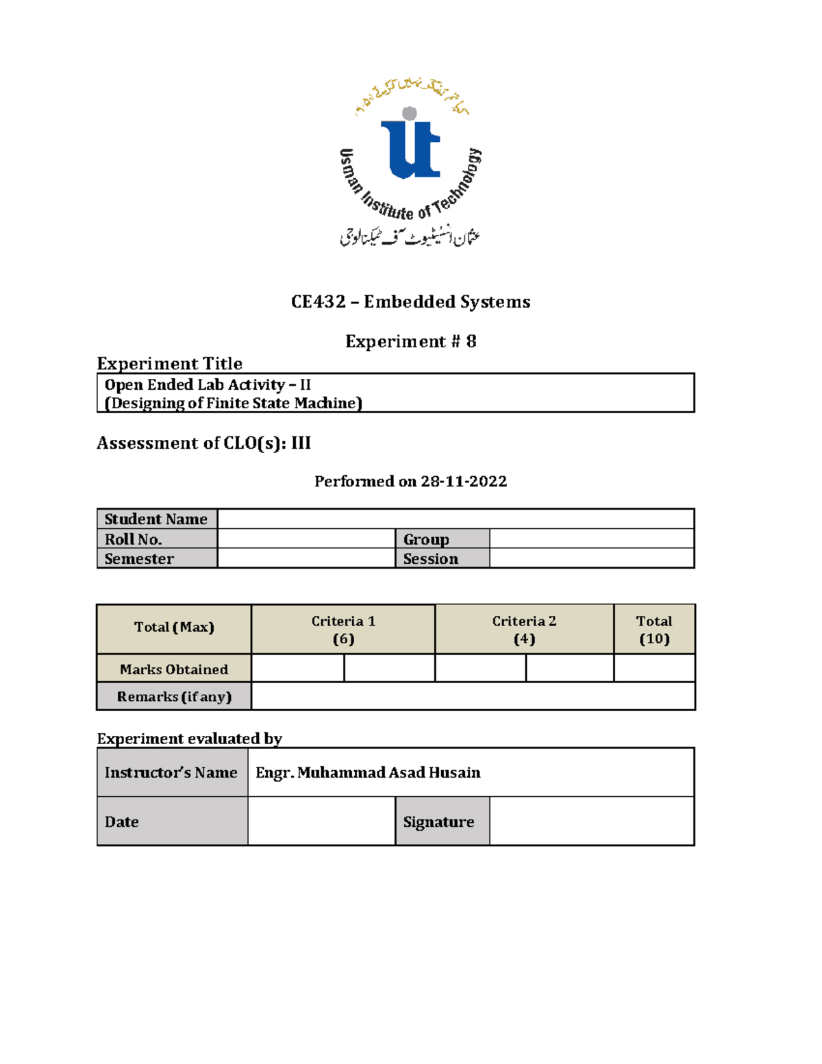 Experiment # 8 - Lab manual - CE432 – Embedded Systems Experiment # 8 ...