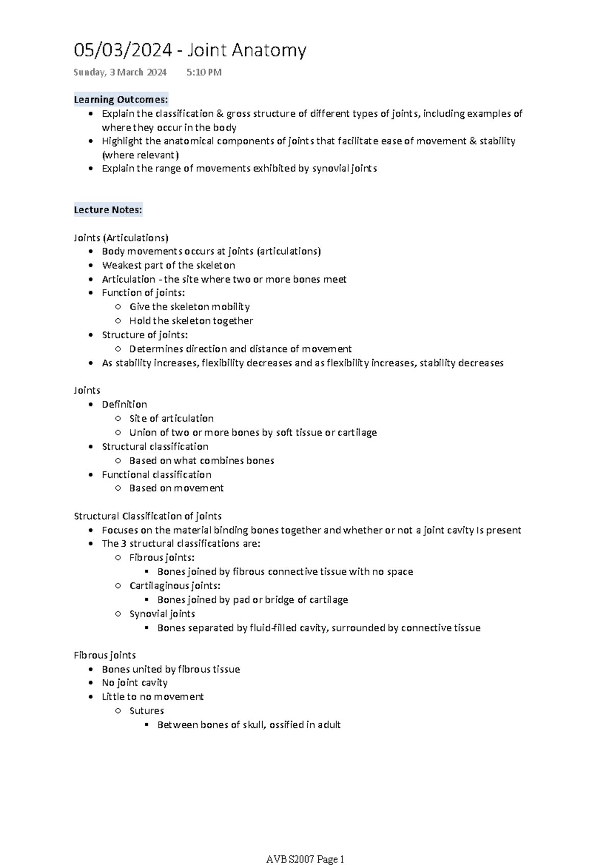 Joint Anatomy - Learning Outcomes: Explain the classification & gross ...