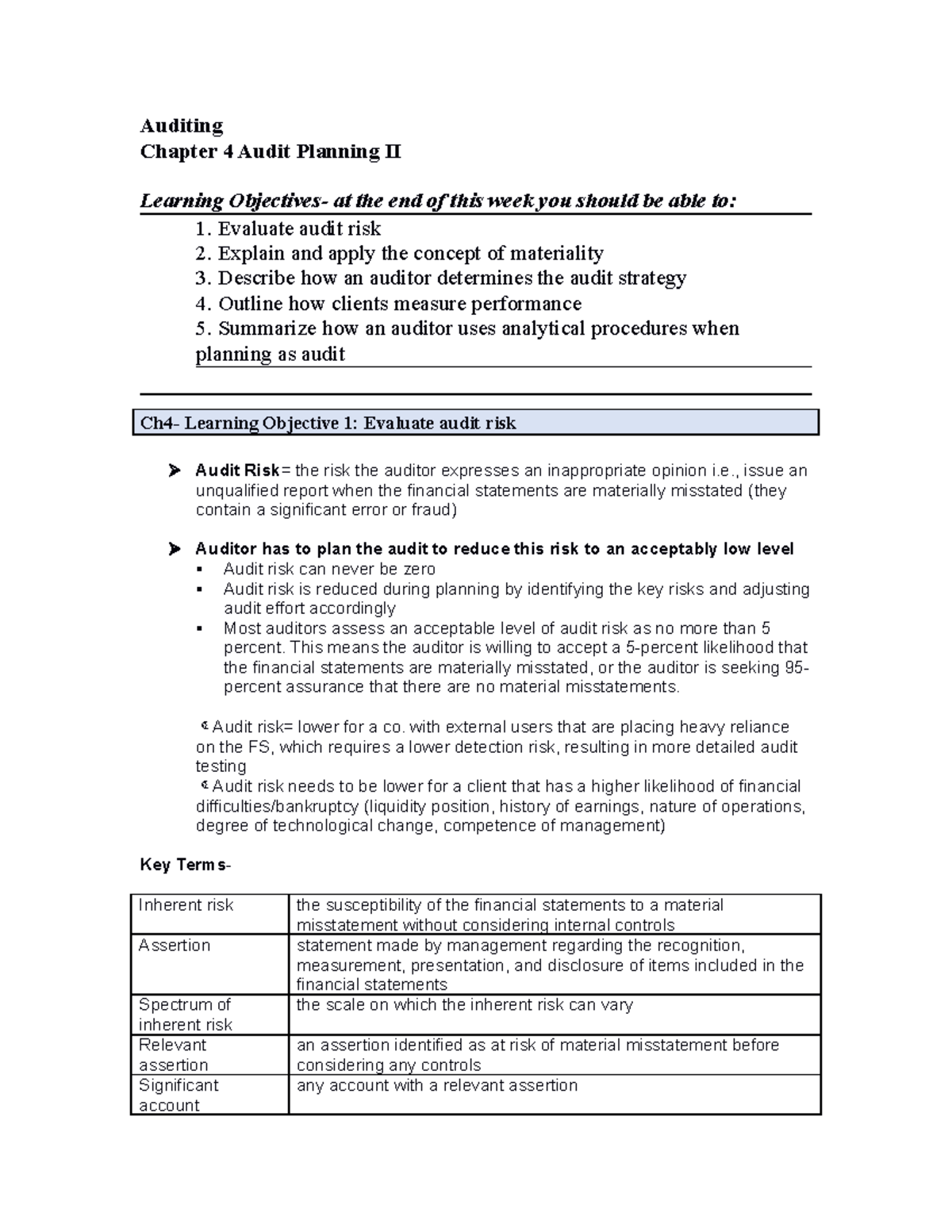 Audit Class Notes Ch 4 - Auditing Chapter 4 Audit Planning II Learning ...