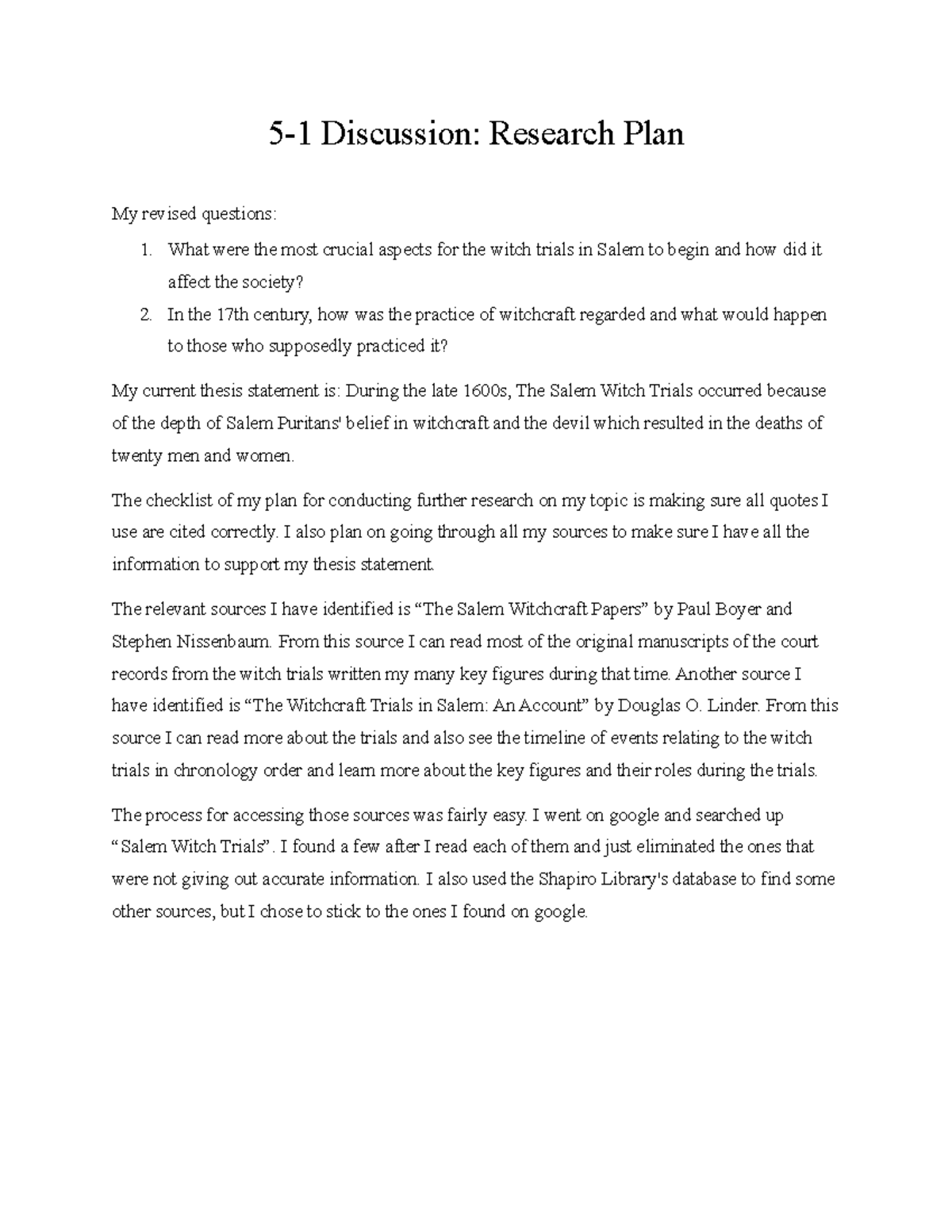 5-1 Discussion Research Plan - The checklist of my plan for conducting ...