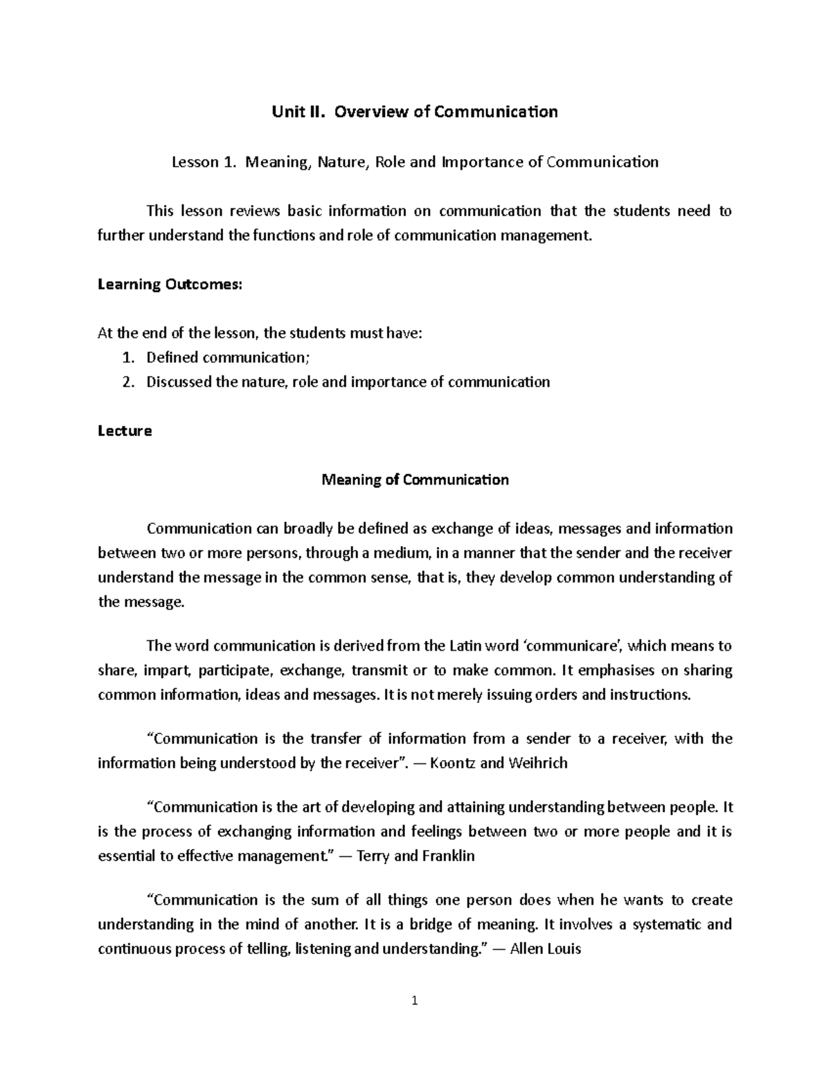 Unit II Lesson 1Lecture - Unit II. Overview of Communication Lesson 1 ...