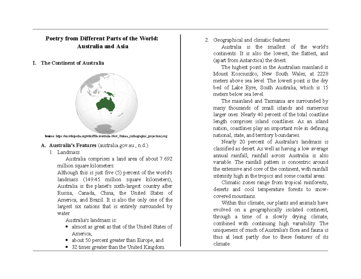 Poetry from Different Parts of the World: Australia and Asia - The ...