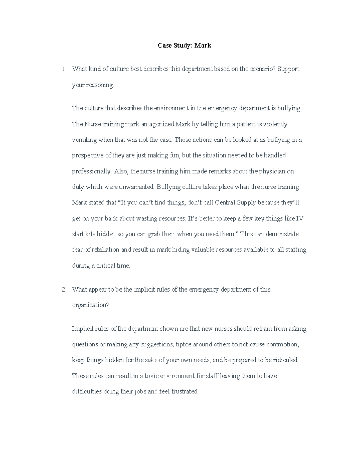 Case Study Mark - Case Study: Mark What kind of culture best describes ...