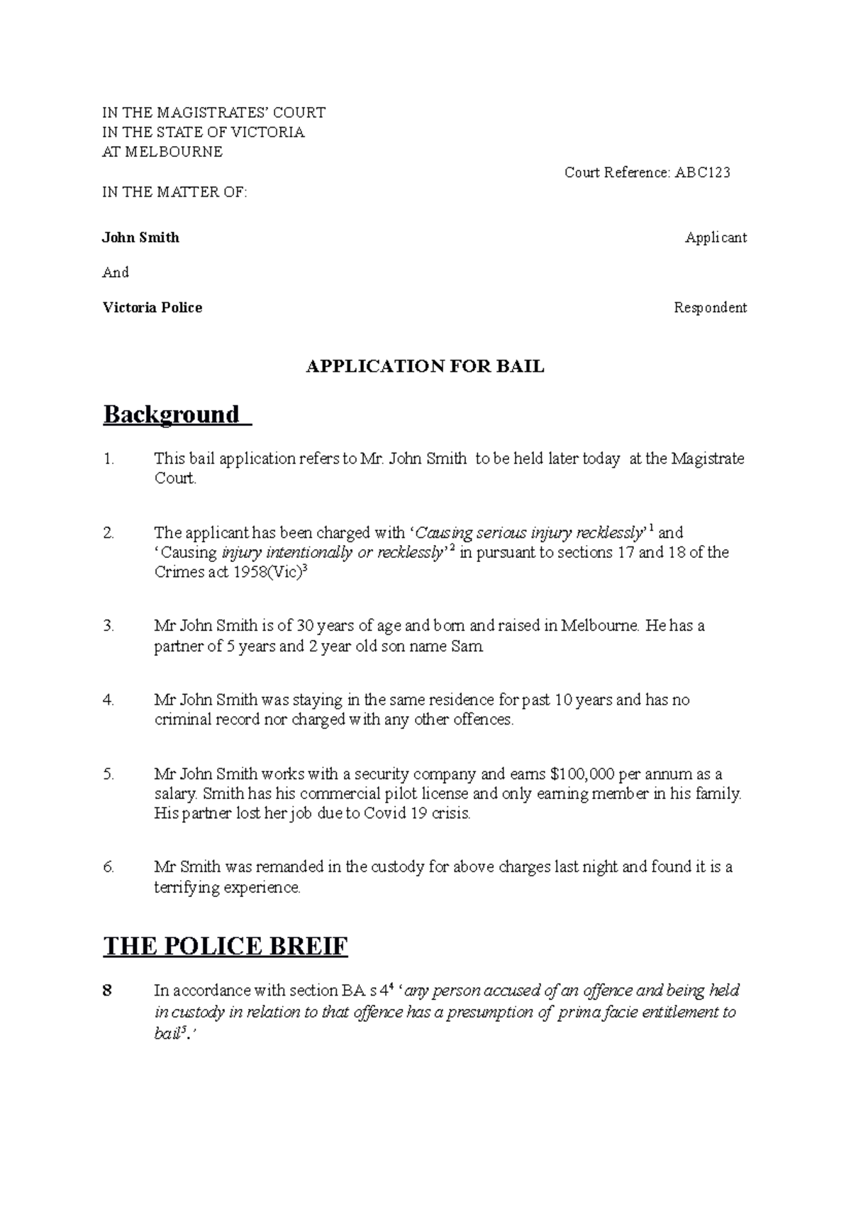 Criminal Procedure - Bail Apllication - IN THE MAGISTRATES’ COURT IN ...