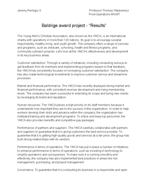 Baldrige award project - “Operations” - In this response, we will ...