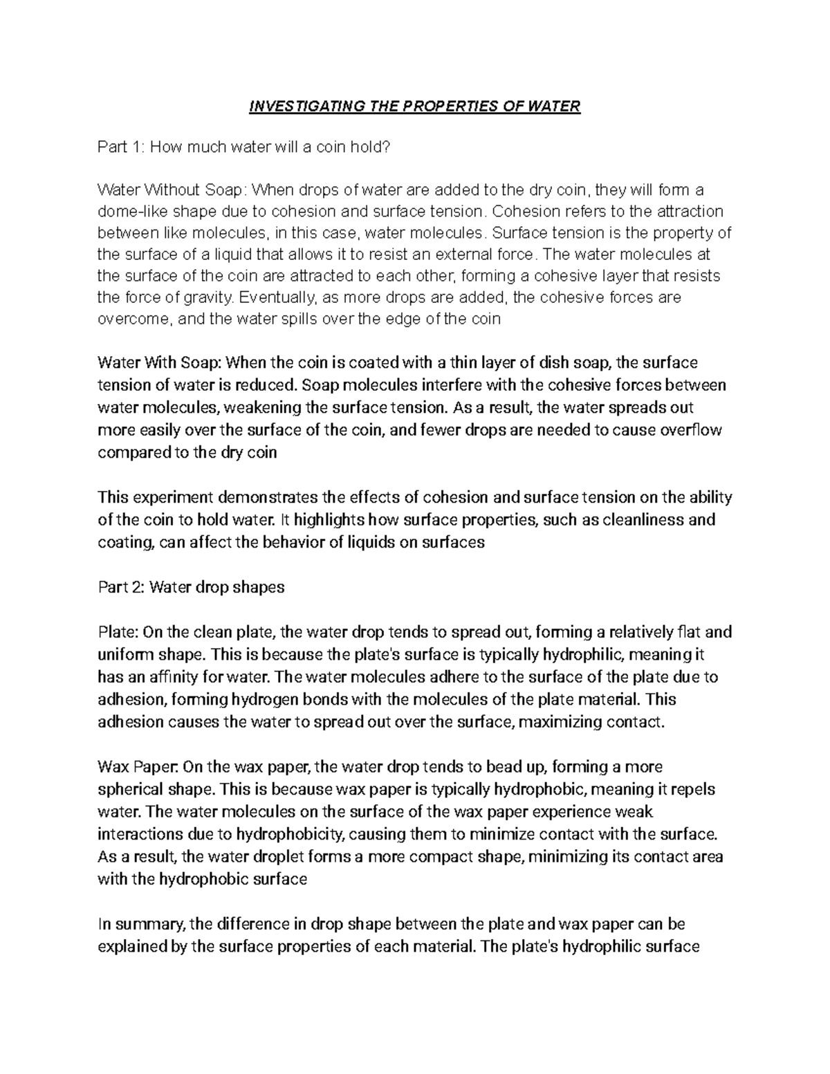 Investigating THE Properties OF Water - INVESTIGATING THE PROPERTIES OF ...