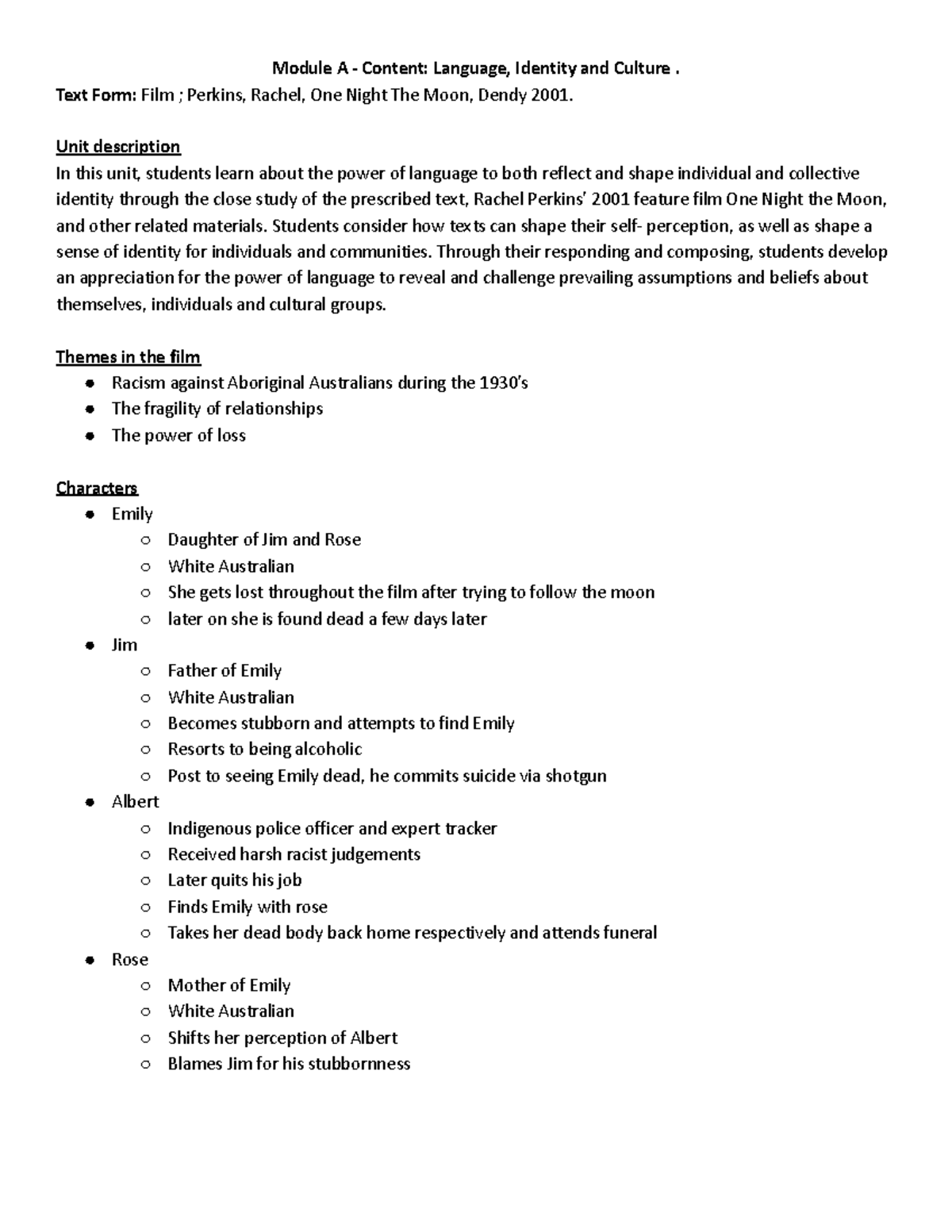 mod a - one night the moon - Module A - Content: Language, Identity and ...