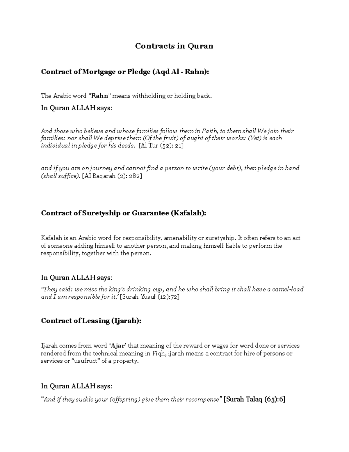 Fiqh - jurisprudence - Contracts in Quran Contract of Mortgage or ...