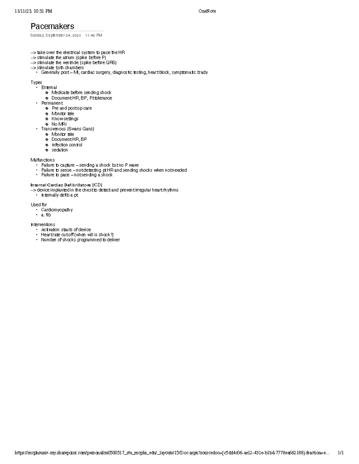 NUR 504 Pacemakers - Full cardiac note set - 11/11/23, 10:31 PM OneNote ...