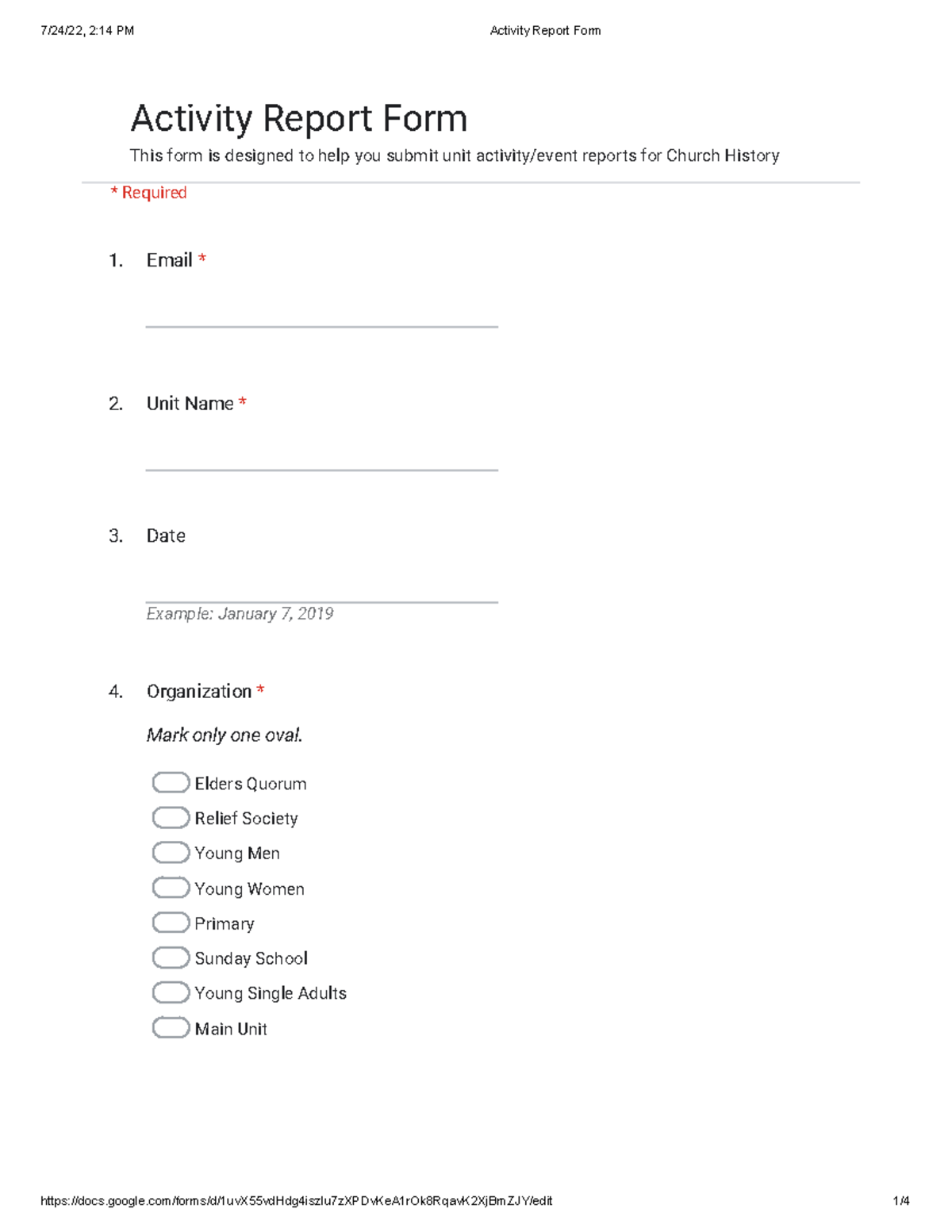 Activity Report Form - Google Forms - 1. Email * 2. 3. Example: January ...