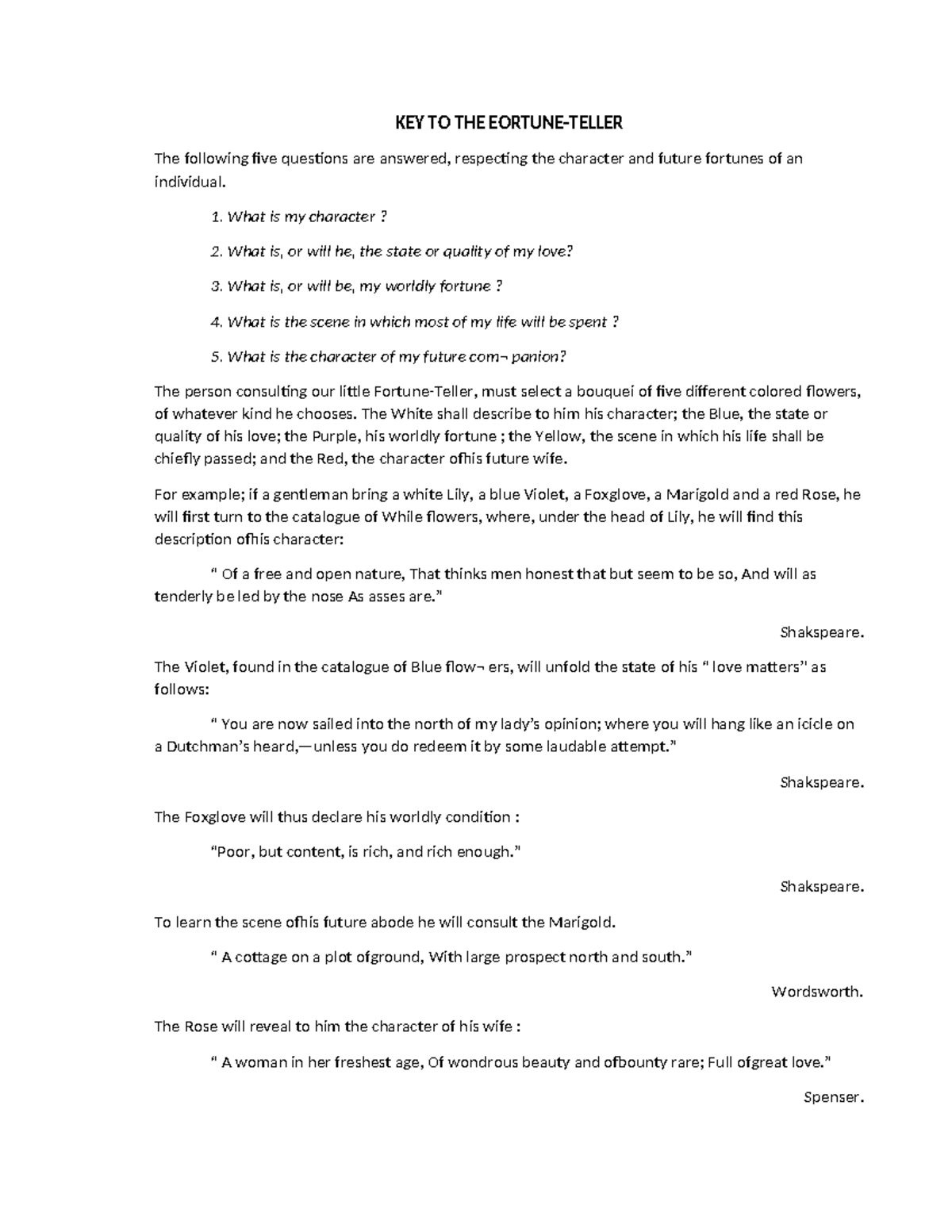 Flower fortune telling - KEY TO THE EORTUNE-TELLER The following five ...