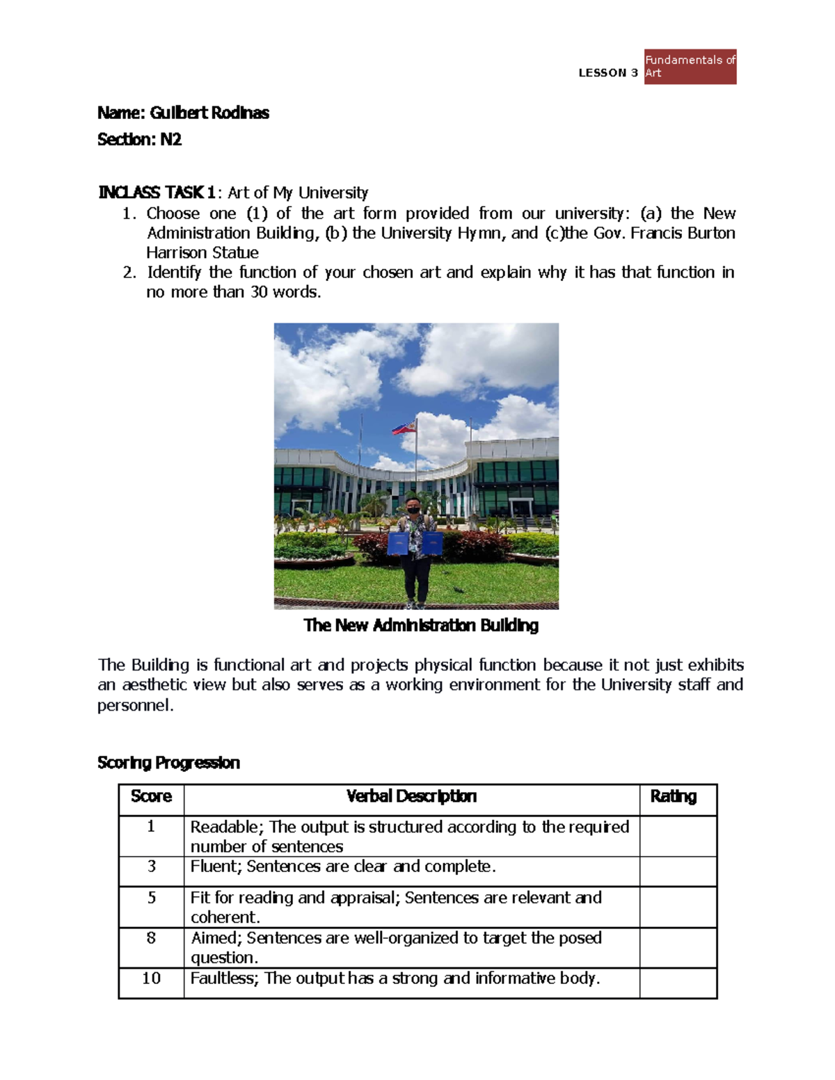 Inclass TASK 1 - wdsaeqdfqed - LESSON 3 Name: Guilbert Rodinas Section: N INCLASS TASK 1: Art of ...