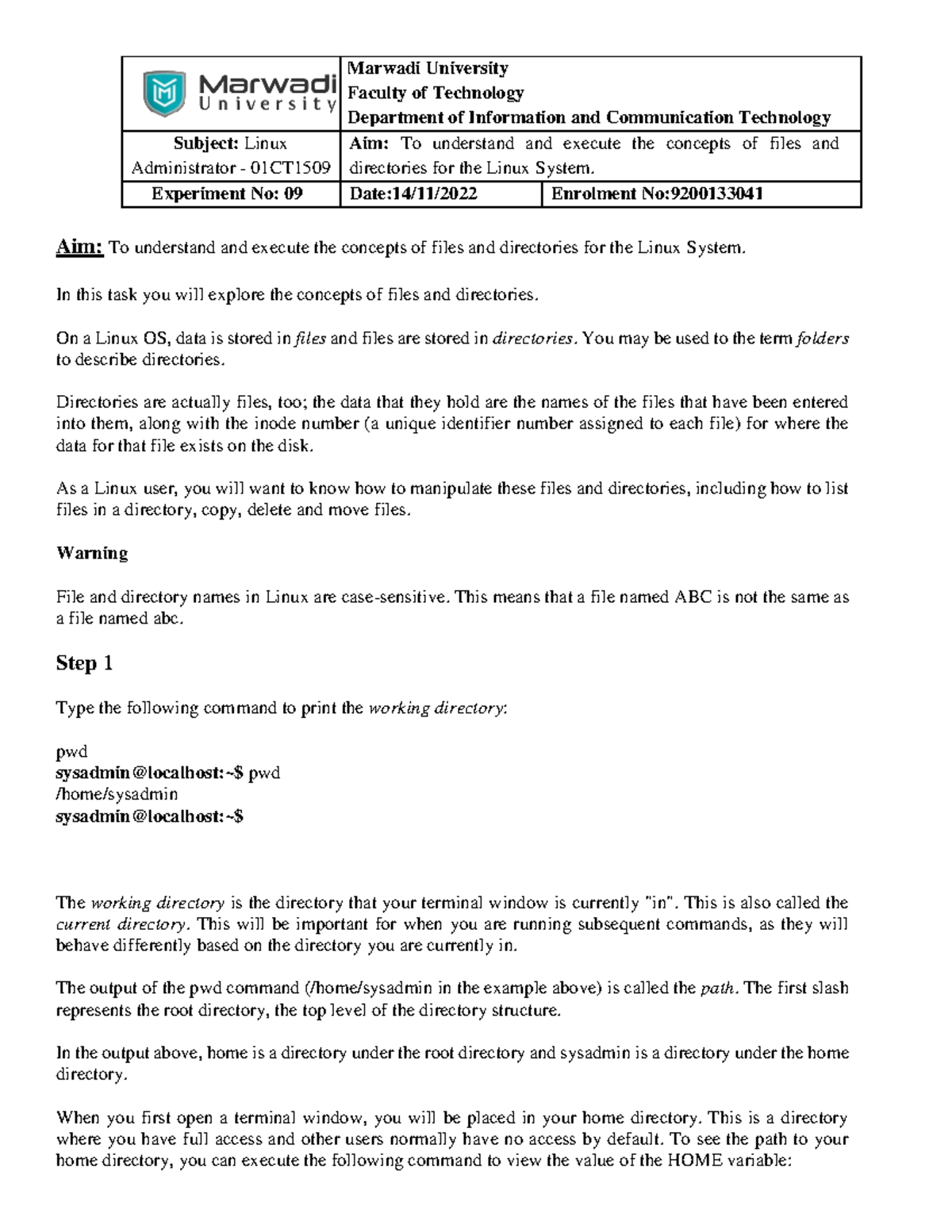 understand and execute the concepts of files and directories for the Linux System - Experiment ...