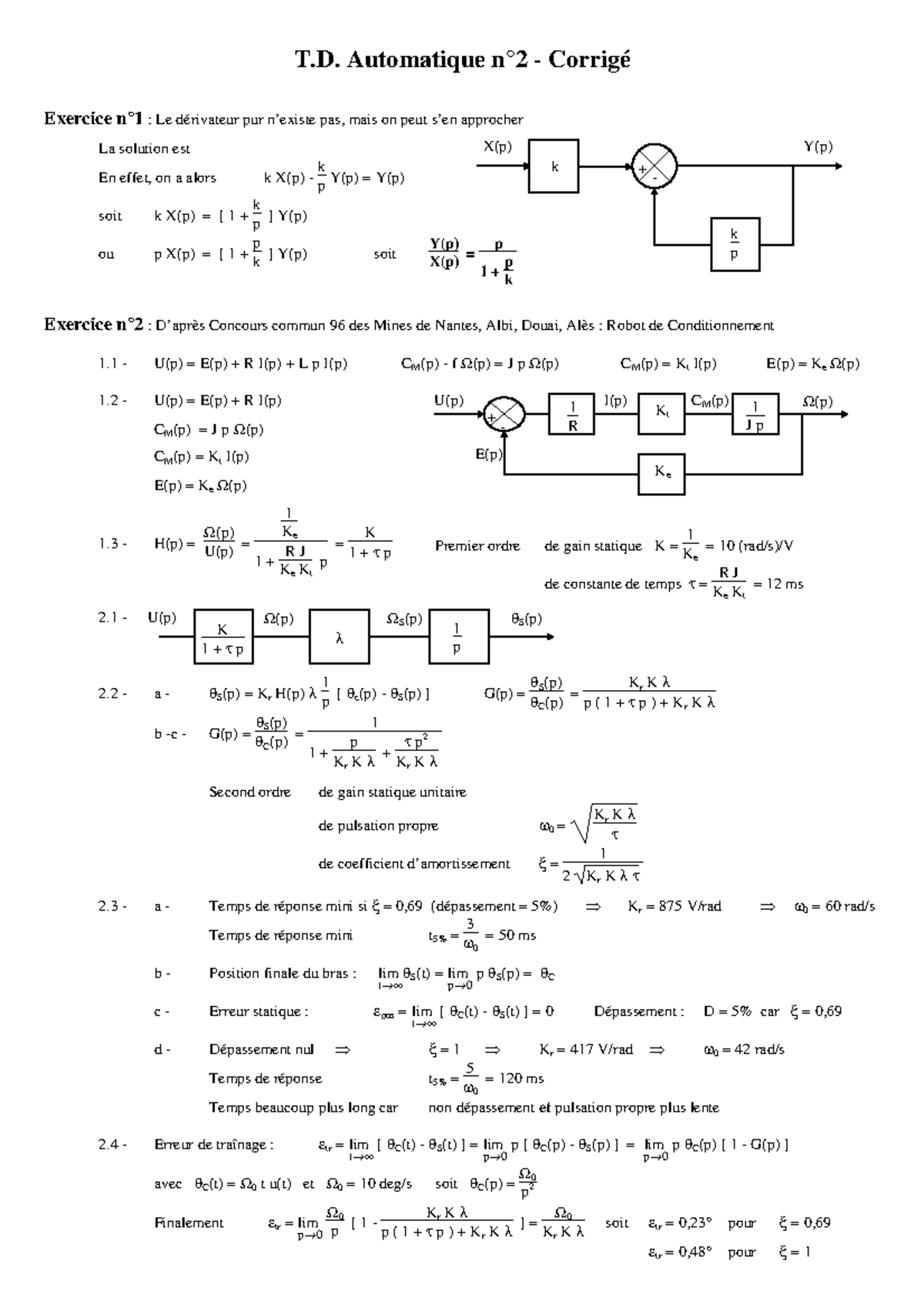 TD03Asservissements 2Corrige - T. Automatique n°2 - Corrigé Exercice n ...