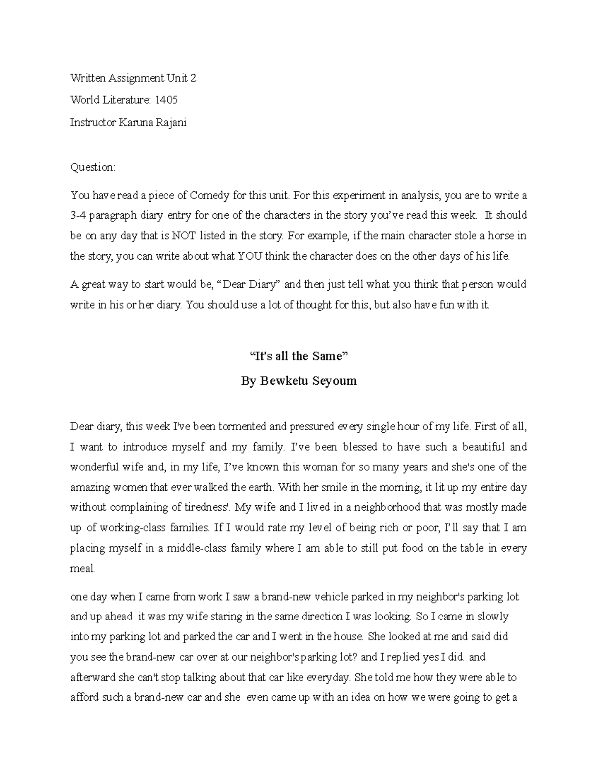 Document 73 (1) - Tutorial Work - Written Assignment Unit 2 World Literature: 1405 Instructor ...