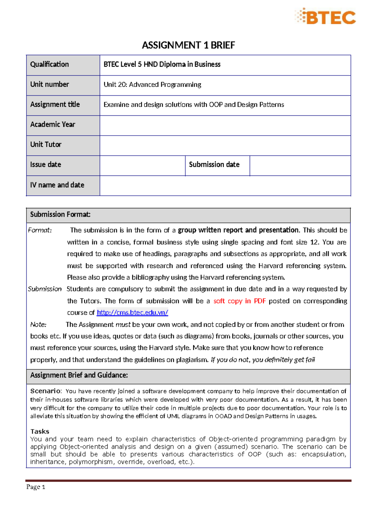 Unit 20 - Assignment brief 1 - Page 1 ASSIGNMENT 1 BRIEF Qualification BTEC Level 5 HND Diploma ...
