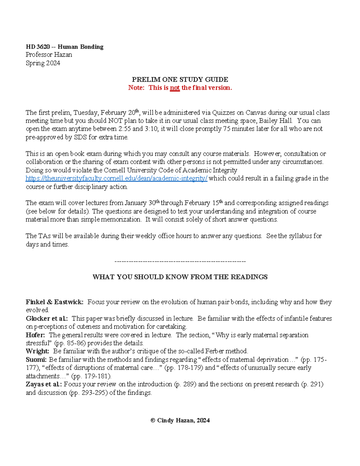 HB24 Prelim 1 Study Guide - © Cindy Hazan, 202 4 HD 362 0 - Human ...