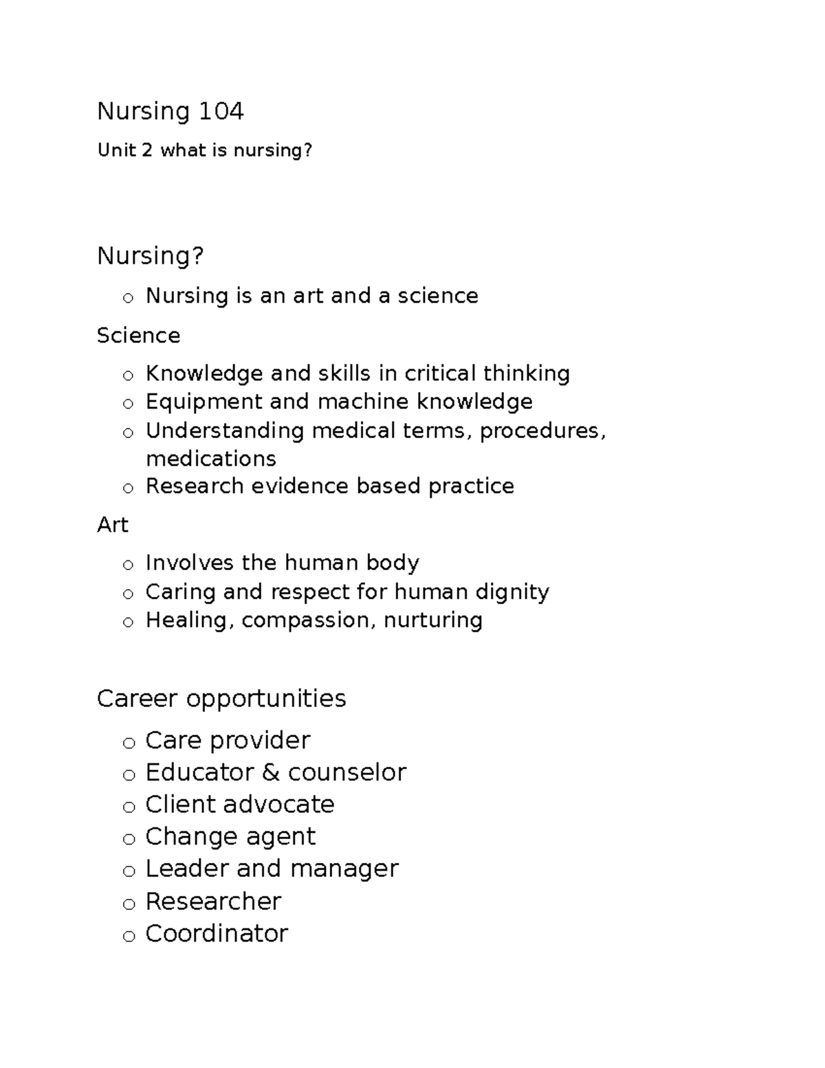 Nursing Unit 2 Nursing 104 Unit 2 What Is Nursing Nursing O Nursing