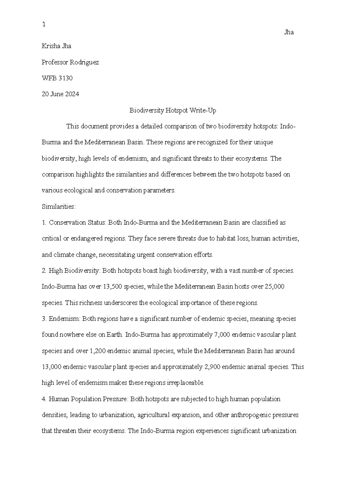 Jha Krisha, Jun 20, 2024, Sect 001, Biodiversity Hotspot Write Up - Jha Krisha Jha Professor ...