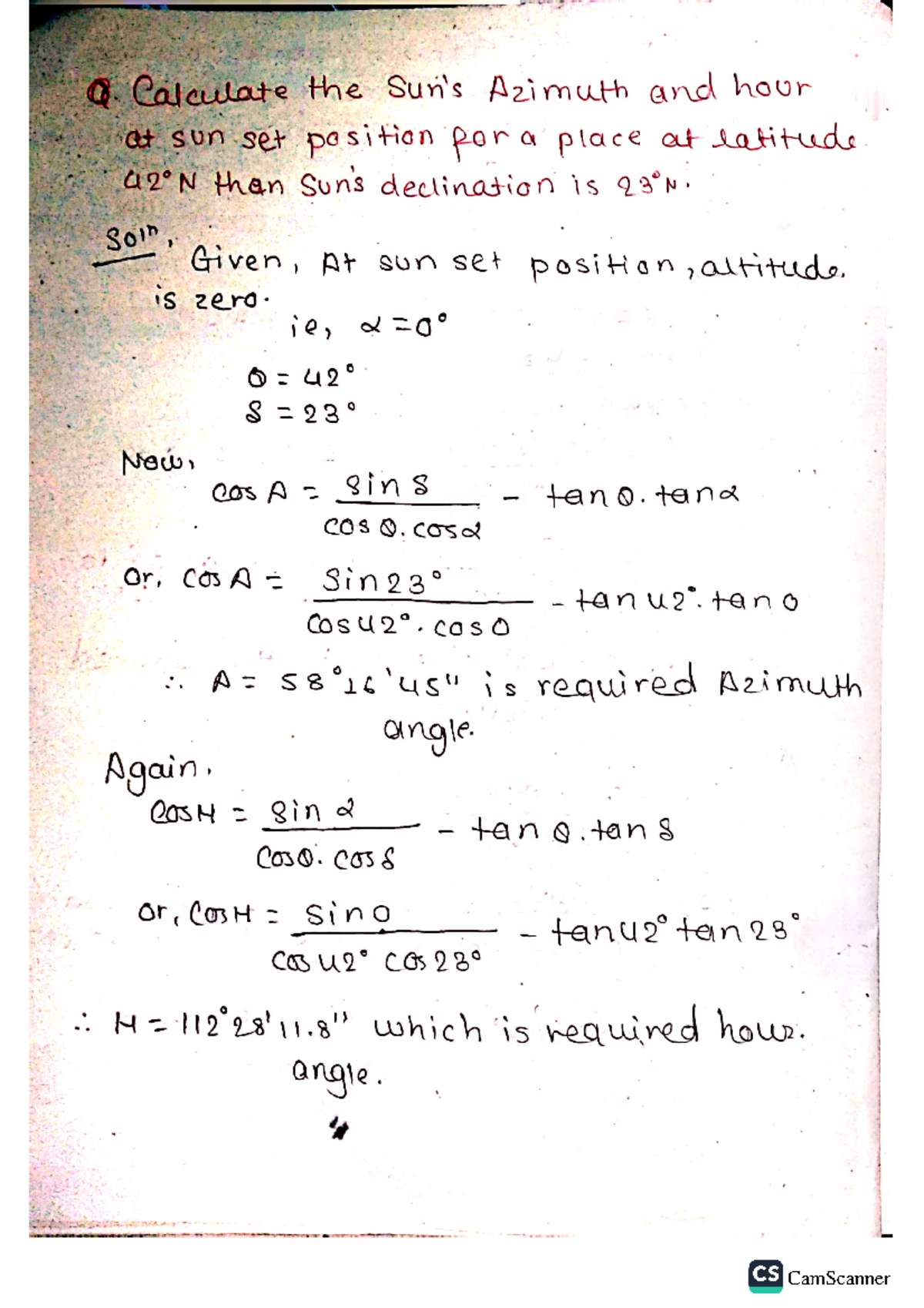 Survey II numerical astronomy - a Calculate the Azimuth and hour at sun ...