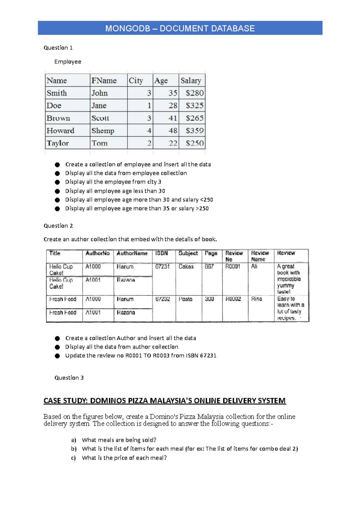 Lab nosql in Mongodb 2023 - Question 1 Employee Create a collection of ...