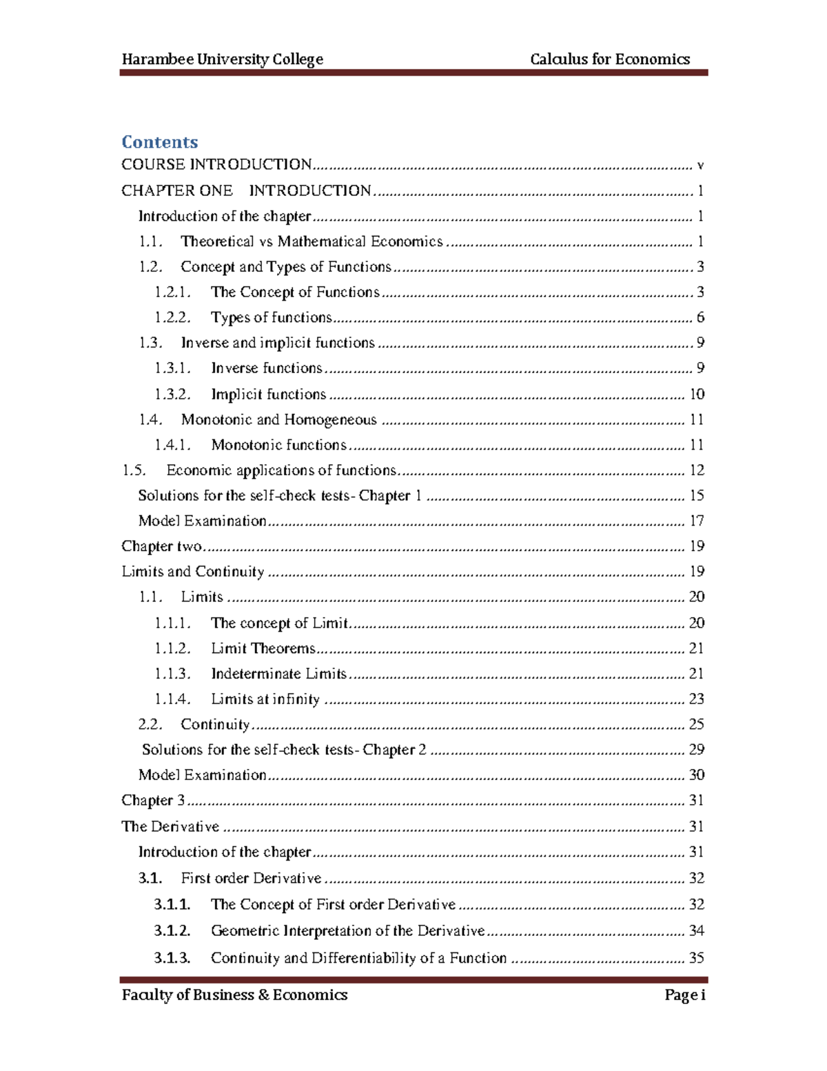 Calculus for Economics - Faculty of Business & Economics Page i ...