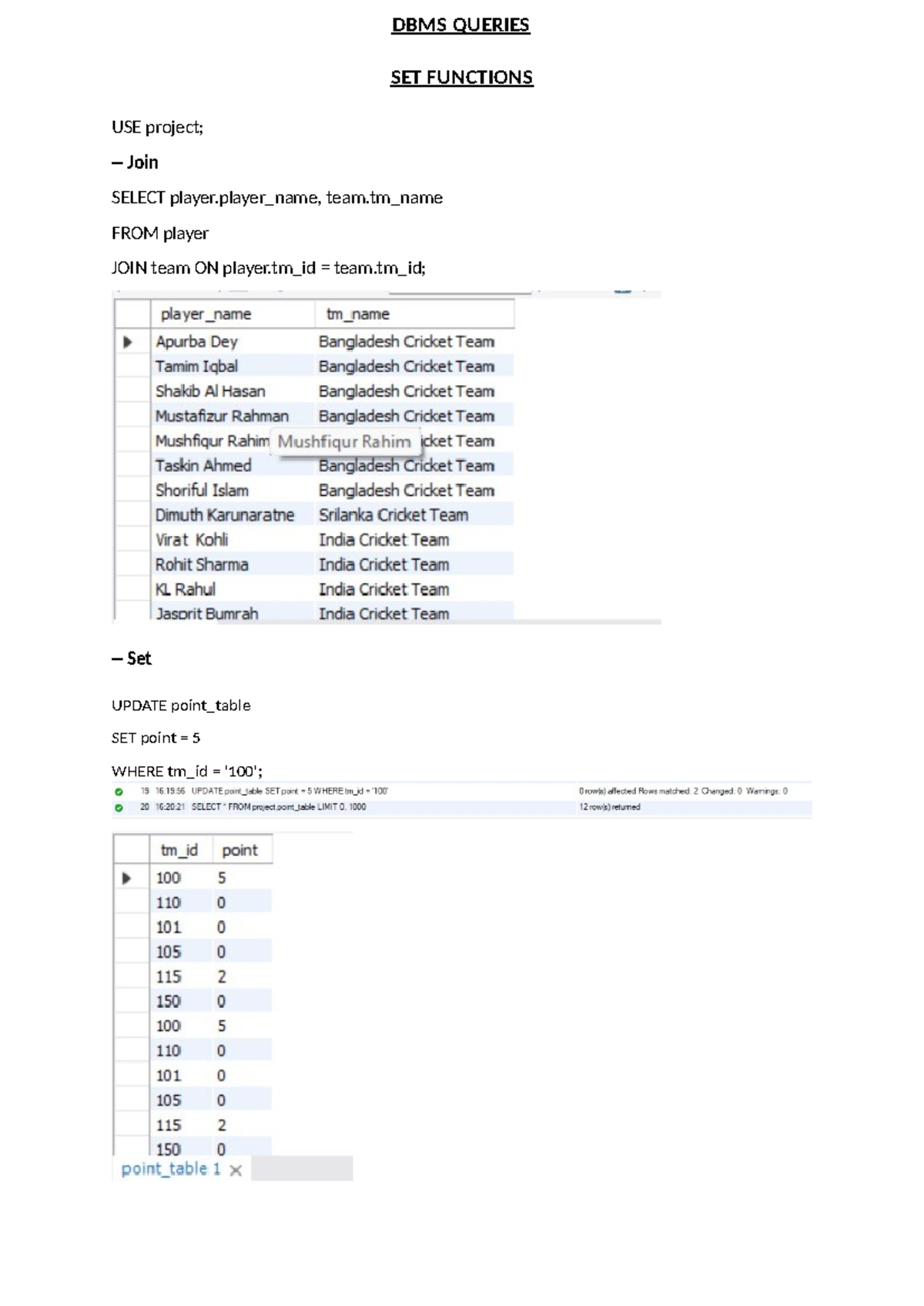 Dbms queriesvnv - Good - DBMS QUERIES SET FUNCTIONS USE project; - Join SELECT player_name ...