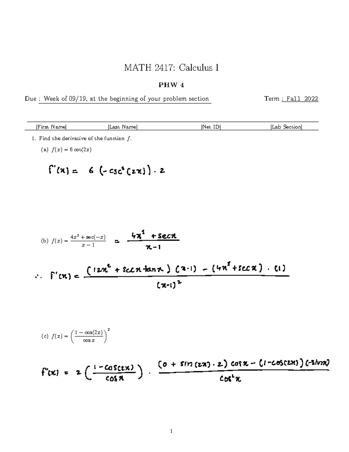 PHW 4 Solution - MATH 2417 homework answers - MATH 2417: Calculus I PHW ...