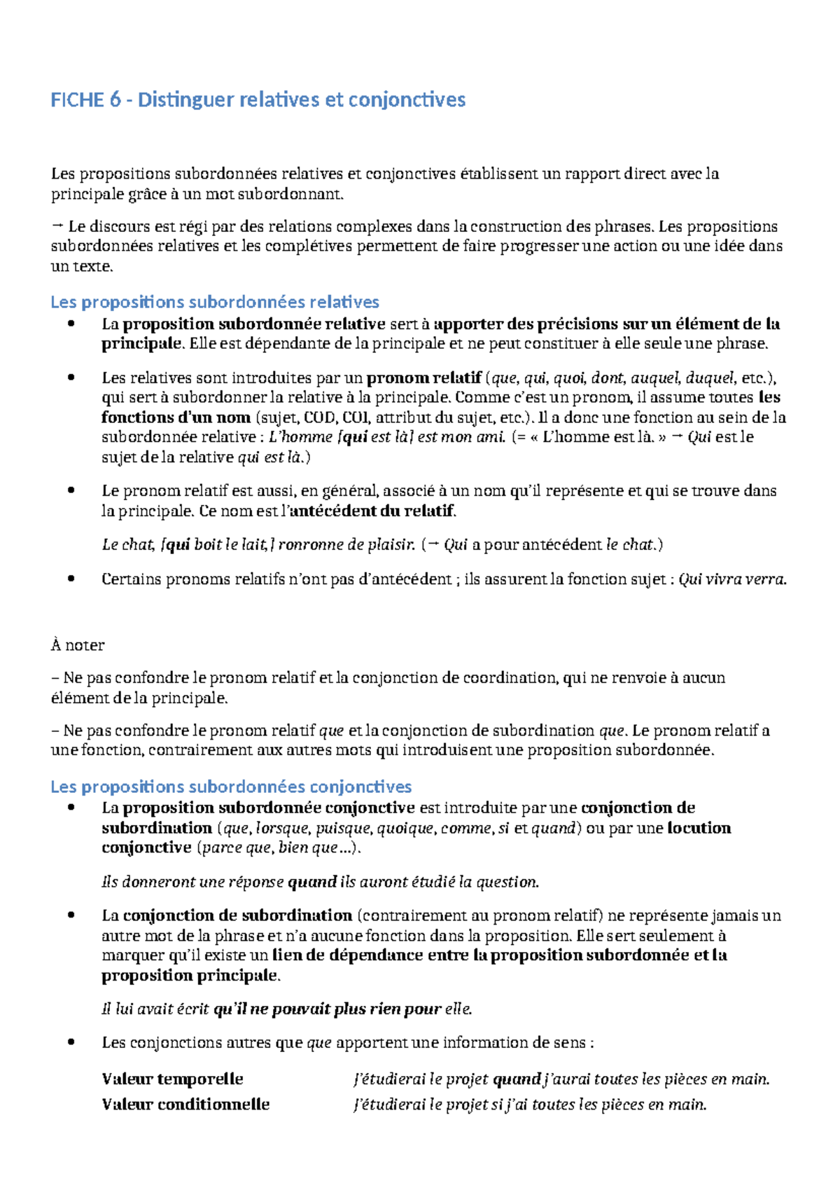 Fiche 6 - Distinguer relatives et conjonctives - FICHE 6 - Distinguer ...