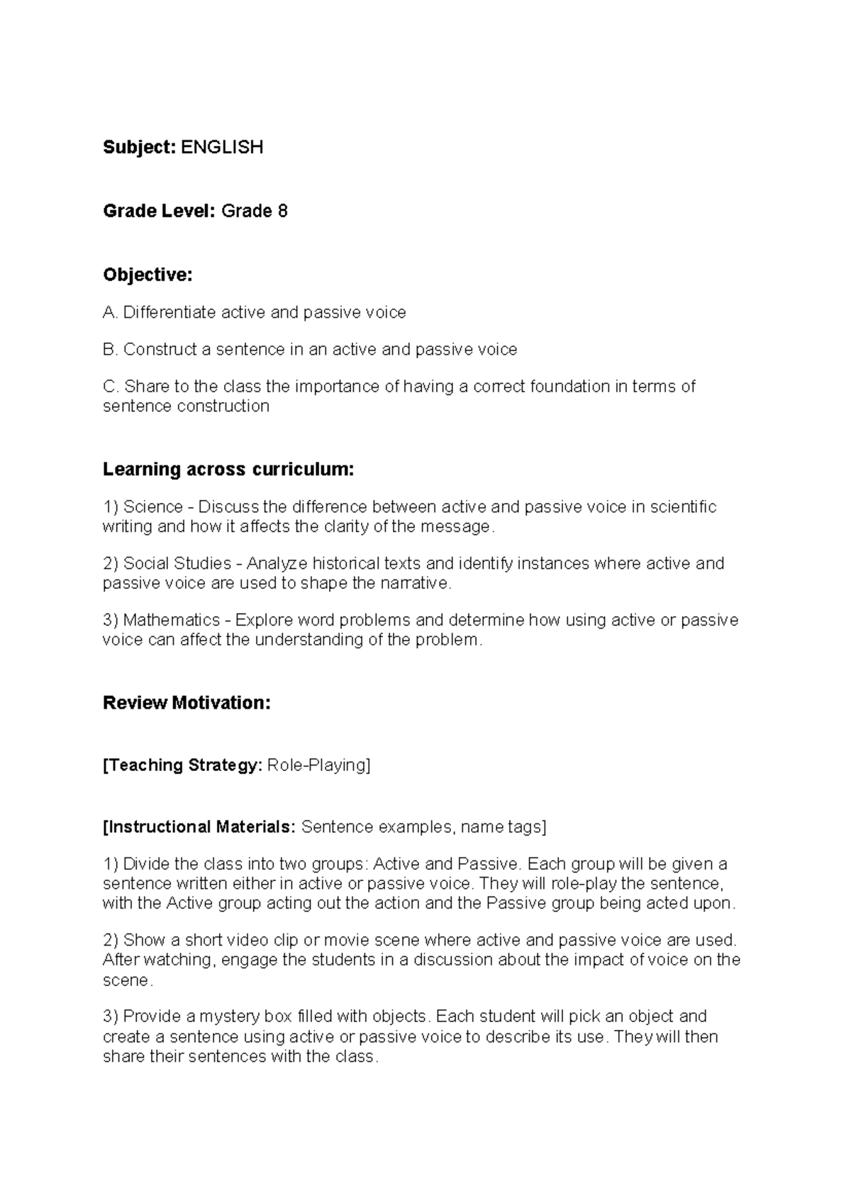 Lesson plan - dlp draft - Subject: ENGLISH Grade Level: Grade 8 ...