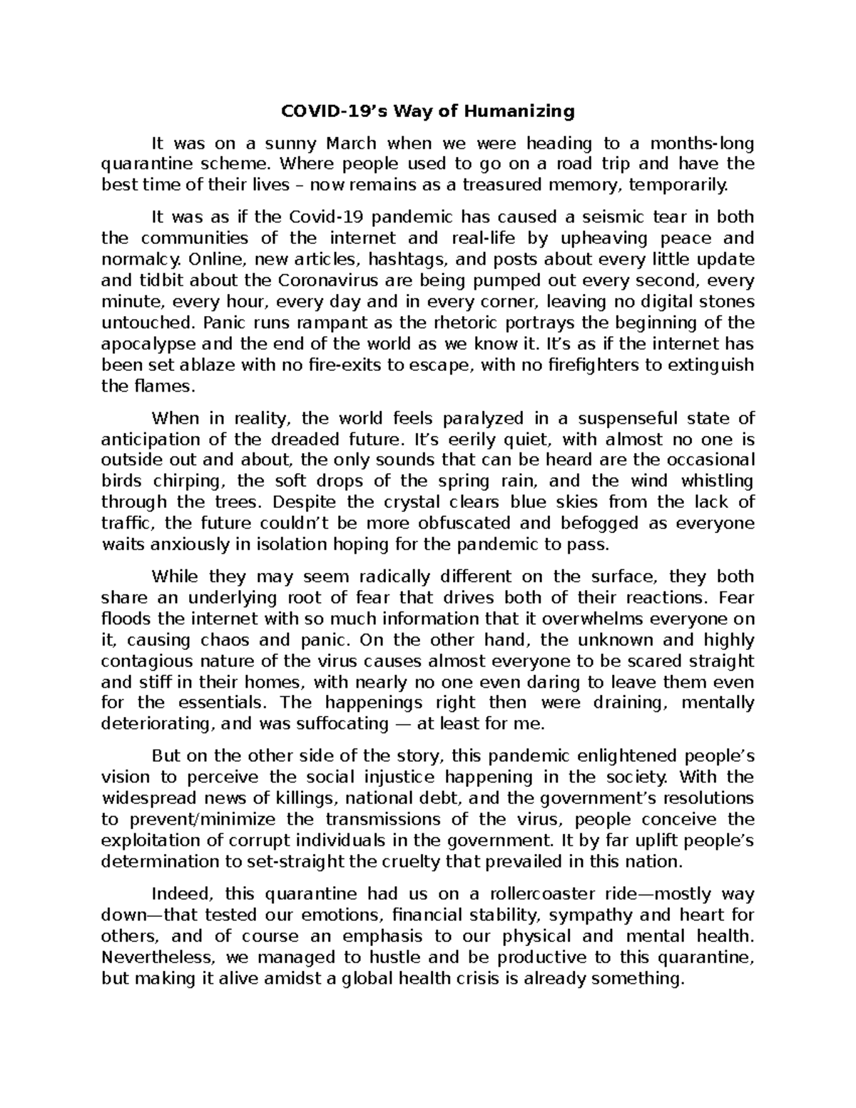 Reflection in this Pandemic - COVID-19’s Way of Humanizing It was on a ...