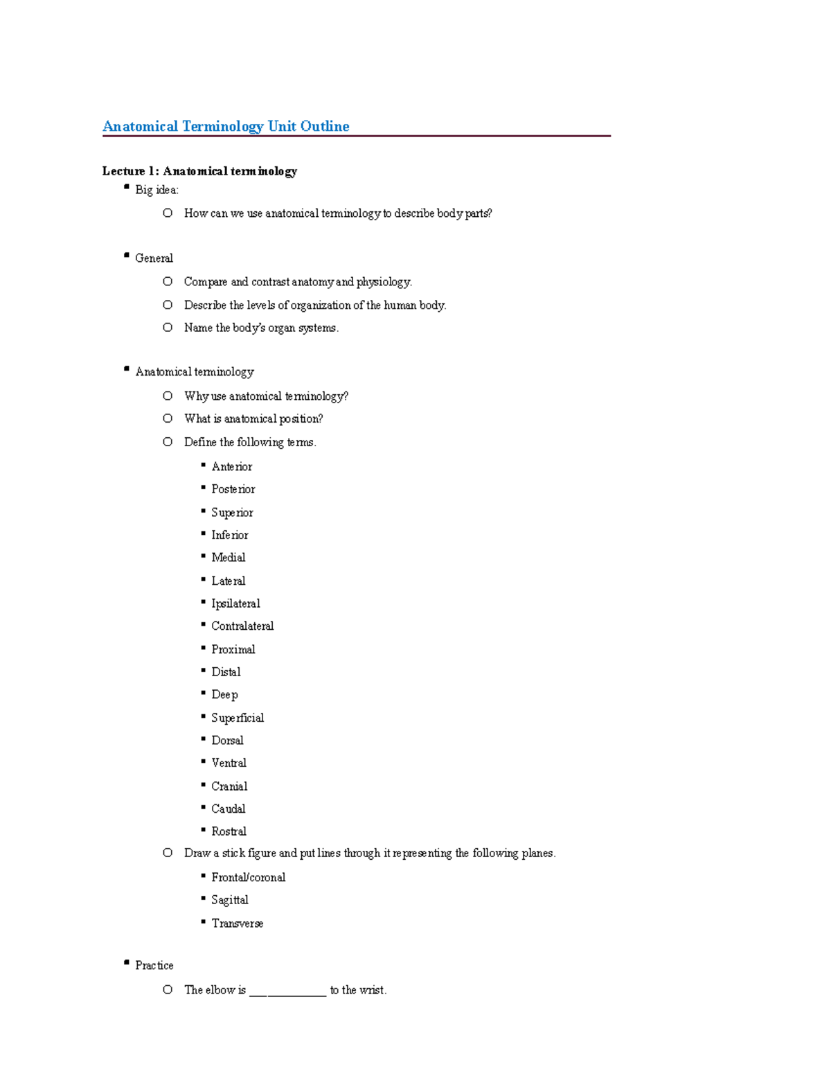 Anatomical terminology unit outline - Anatomical Terminology Unit ...