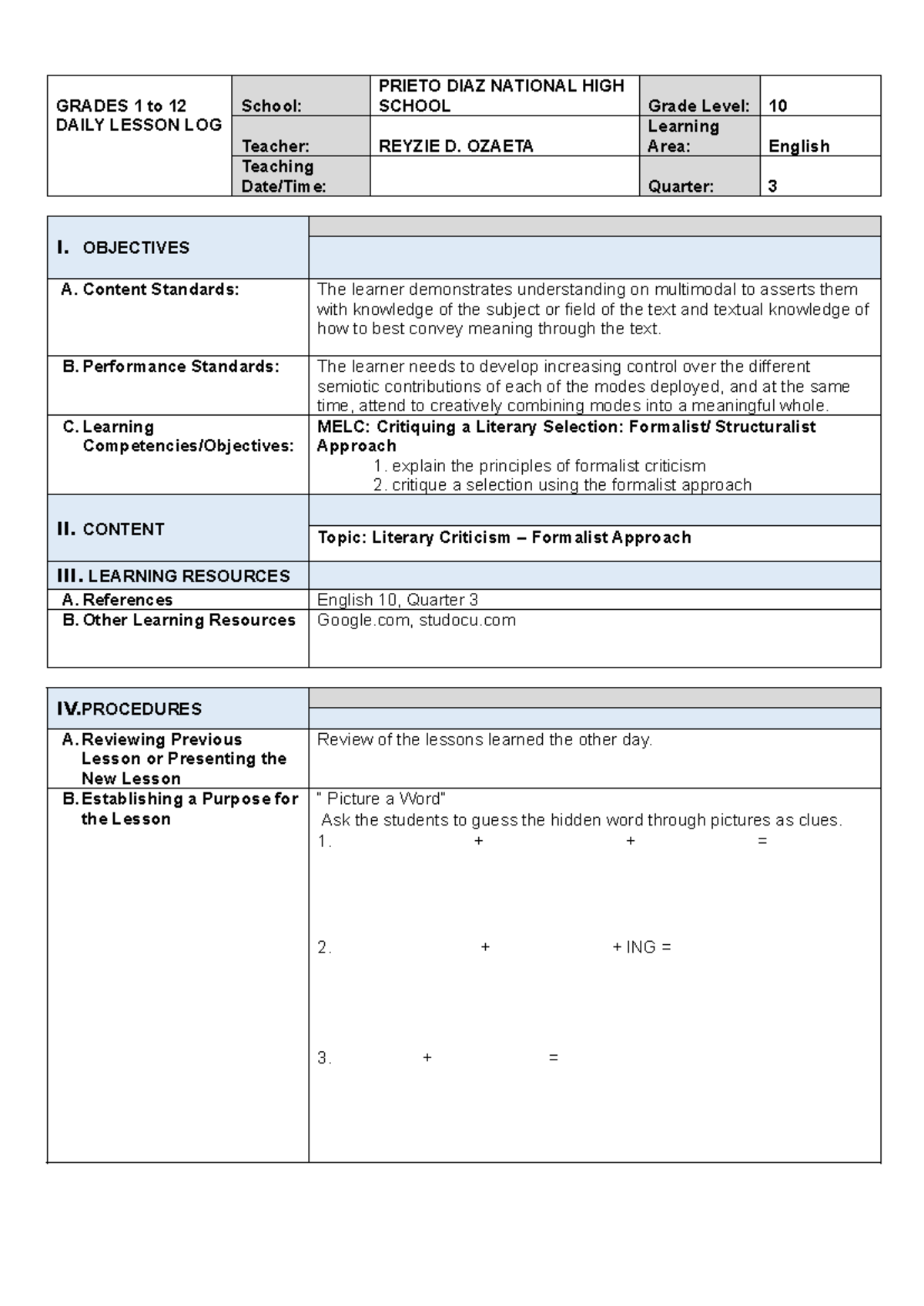 COT3 - Lesson Plan - GRADES 1 to 12 DAILY LESSON LOG School: PRIETO ...