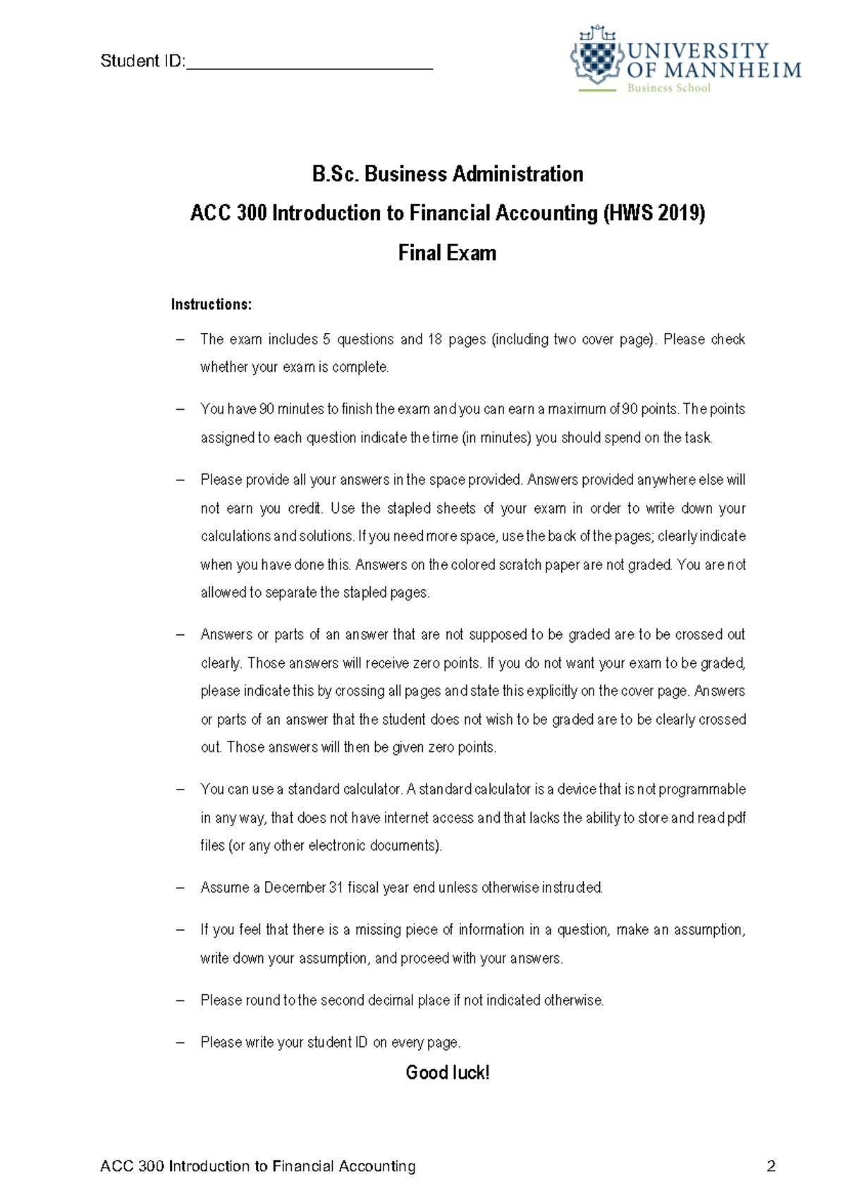 Tutorial 7 Mock Exam ACC 300 question only - B. Business Administration ...