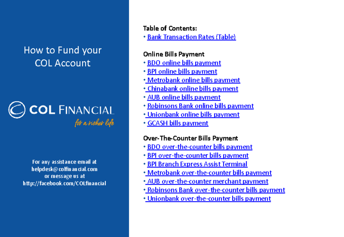 Bills Payment Complete - How to Fund your COL Account ####### Table of ...