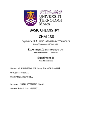 CHM 131 lab report (Determination Of Percent Composition In Hydrate ...